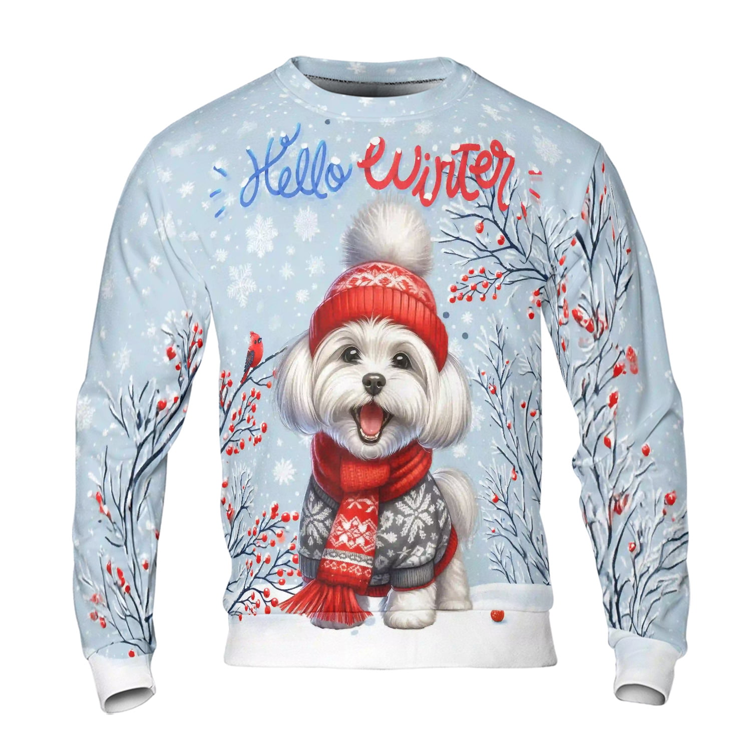 Hello Winter Maltese Smiling in Red Scarf Hat Welcome Christmas All ...