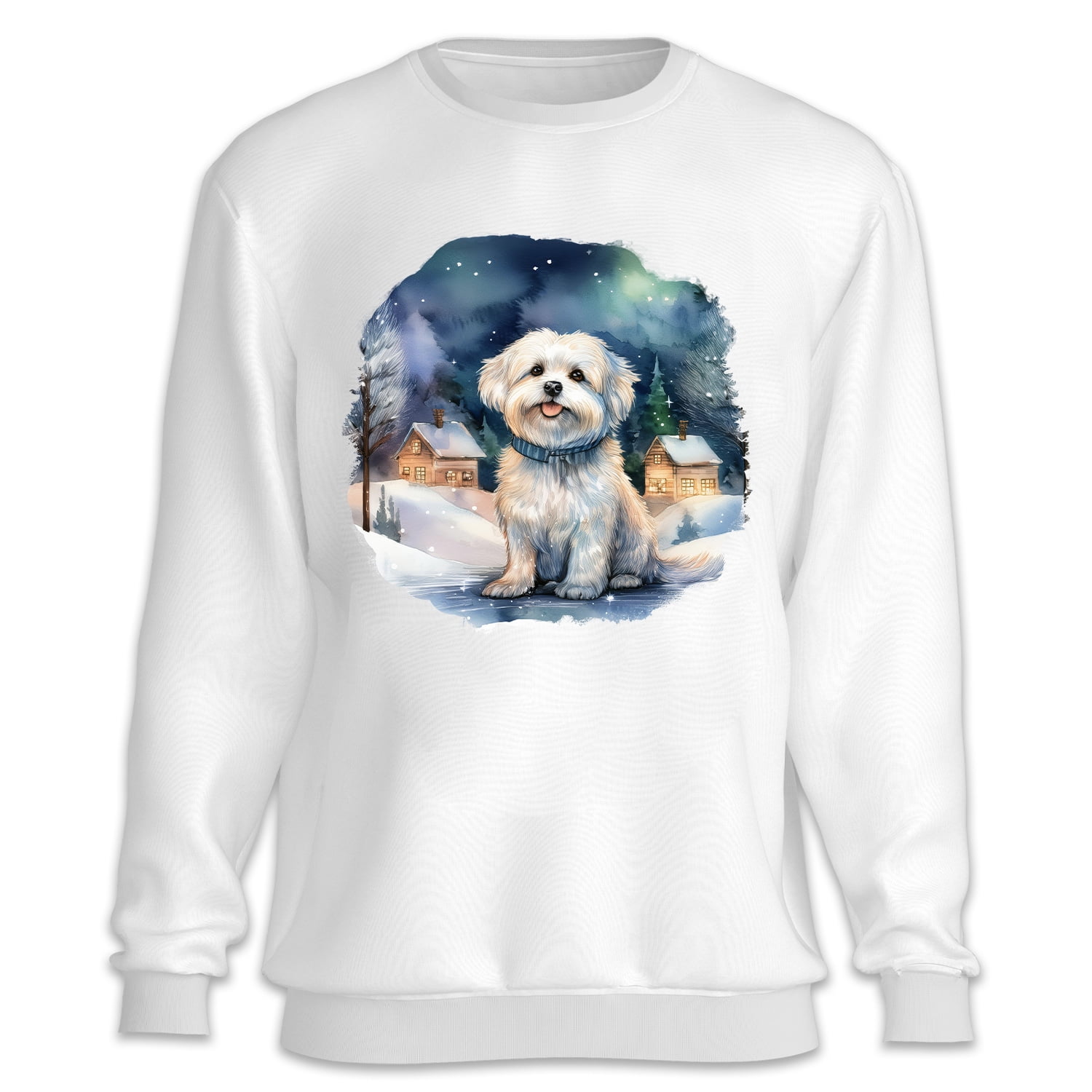 Hello Winter Maltese Welcome Snowy Night Watercolor Vintage Sweatshirt ...