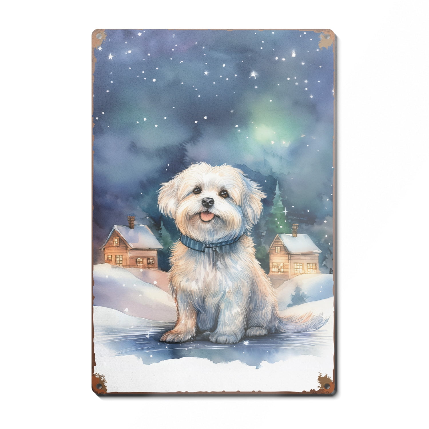 Hello Winter Maltese Welcome Snowy Night Watercolor Vintage Vertical ...