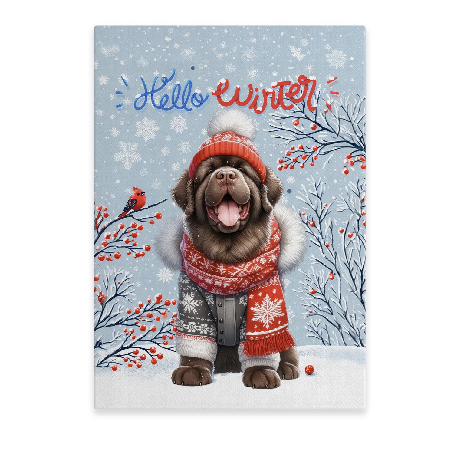 Hello Winter Newfoundland Smiling in Red Scarf Hat Welcome Christmas ...