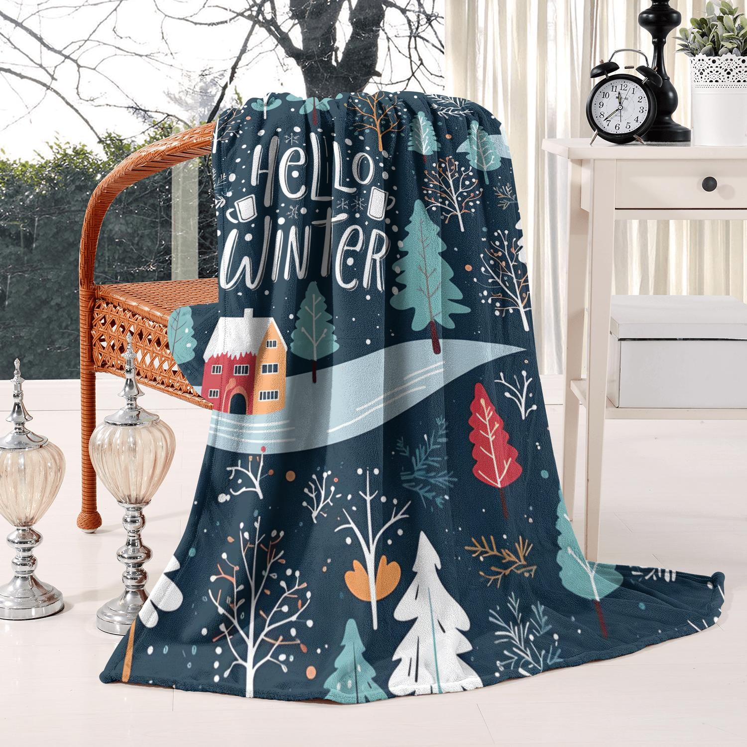 Hello Winter Pattern Blanket Tree Flannel Blanket for Bed Couch Sofa ...