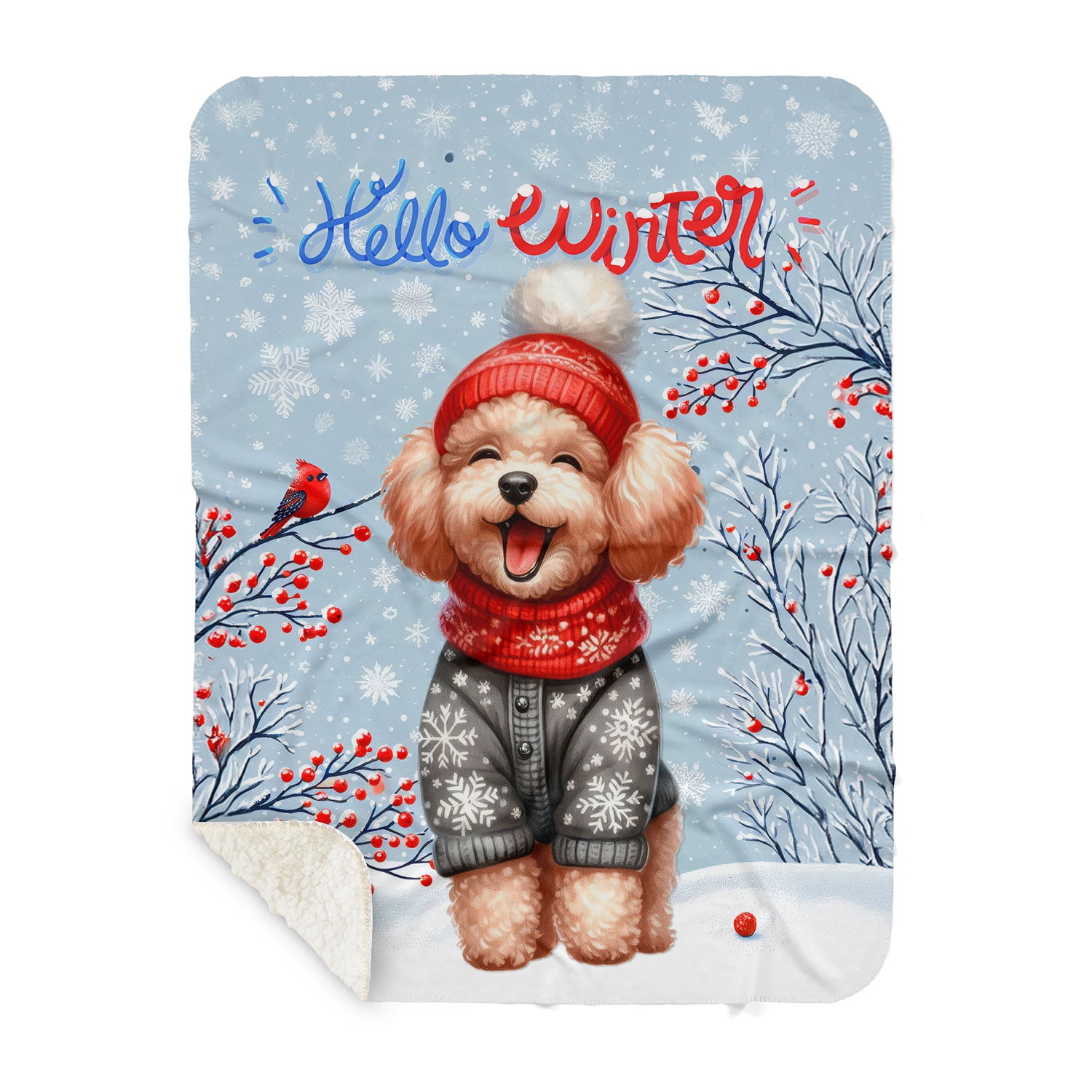 Hello Winter Poodle Smiling in Red Scarf Hat Welcome Christmas Cozy ...