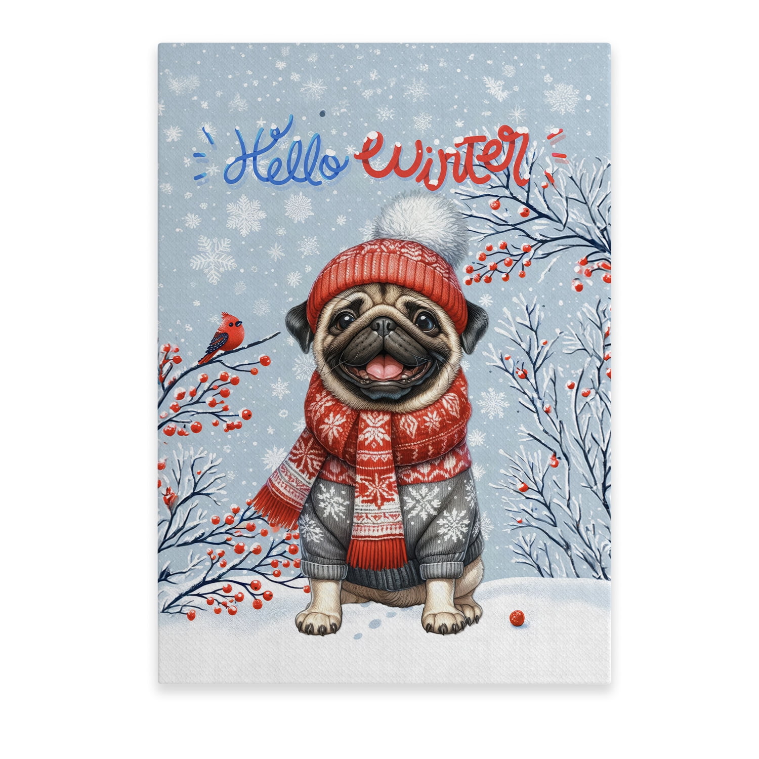 Hello Winter Pug Smiling in Red Scarf Hat Welcome Christmas Vertical ...