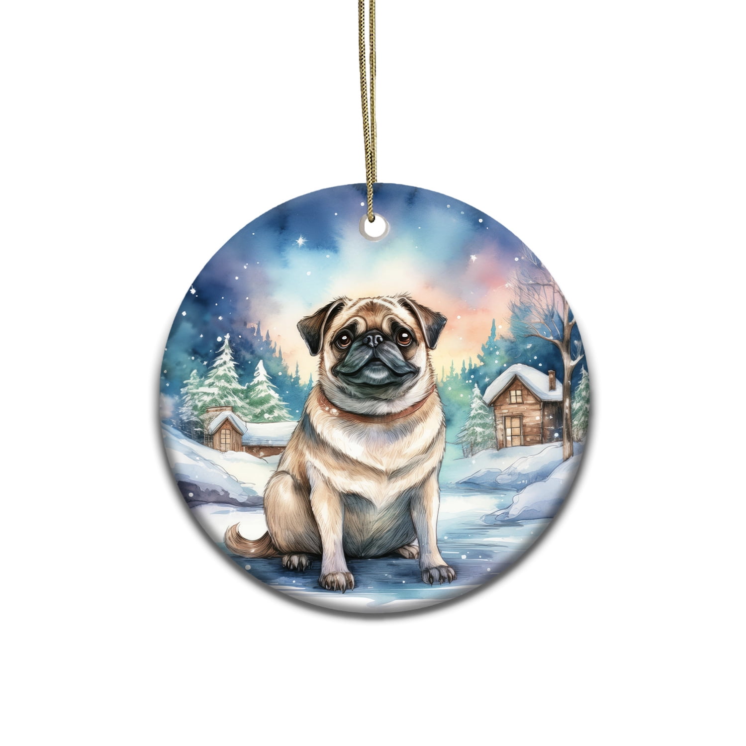 Hello Winter Pug Welcome Snowy Night Watercolor Vintage Ceramic Round ...