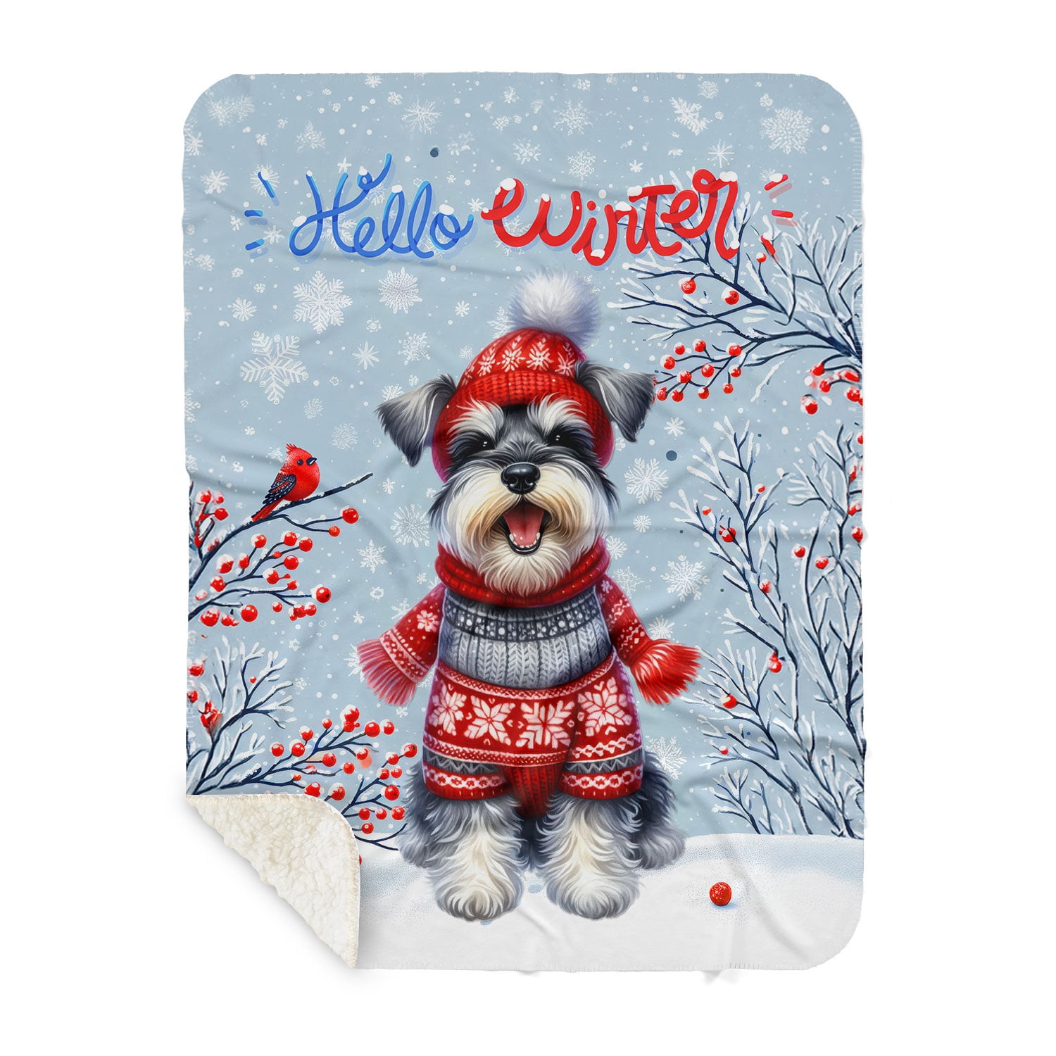 Hello Winter Schnauzer Smiling in Red Scarf Hat Welcome Christmas Cozy ...