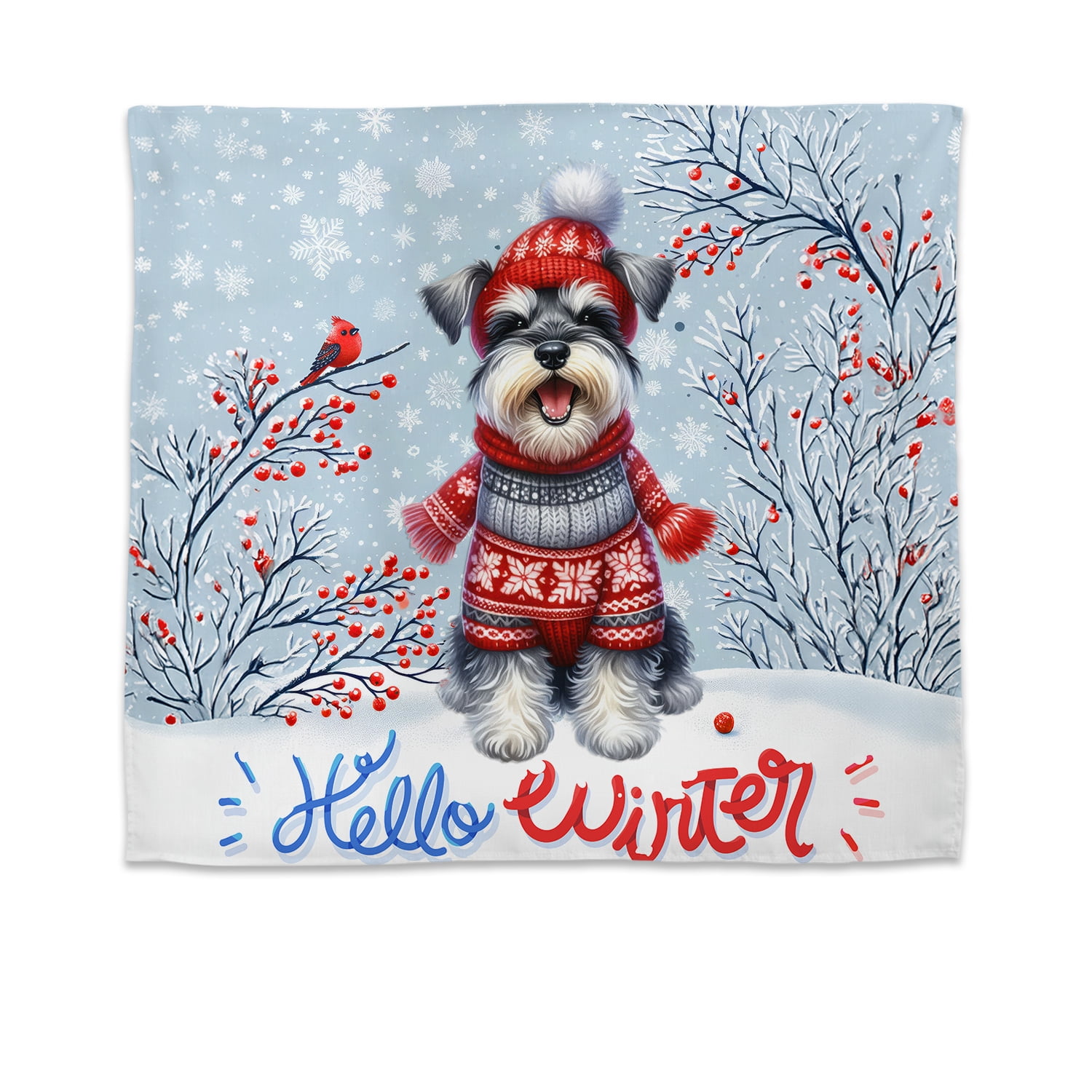 Hello Winter Schnauzer Smiling in Red Scarf Hat Welcome Christmas ...
