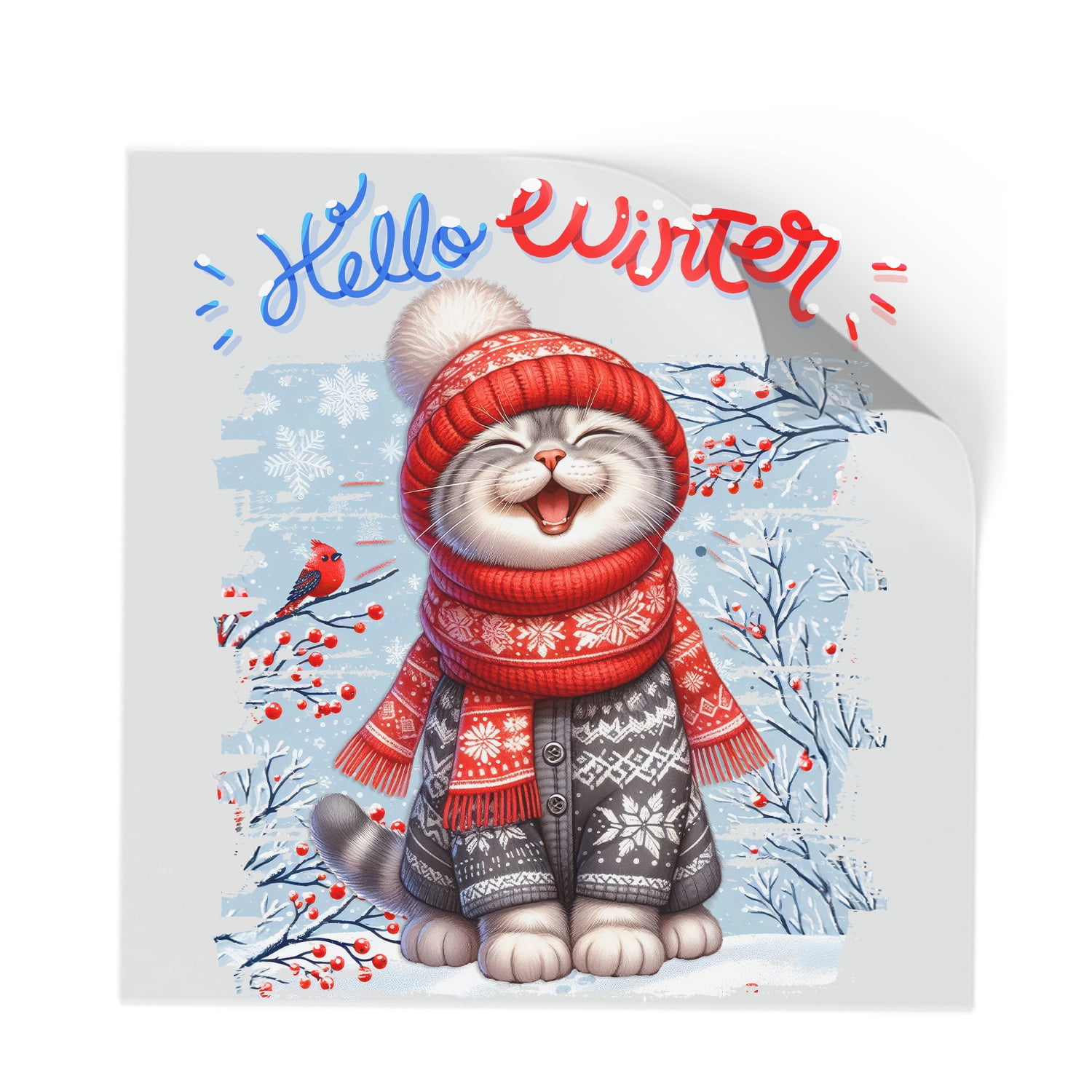 Hello Winter Scottish Fold Smiling in Red Scarf Hat Welcome Christmas ...