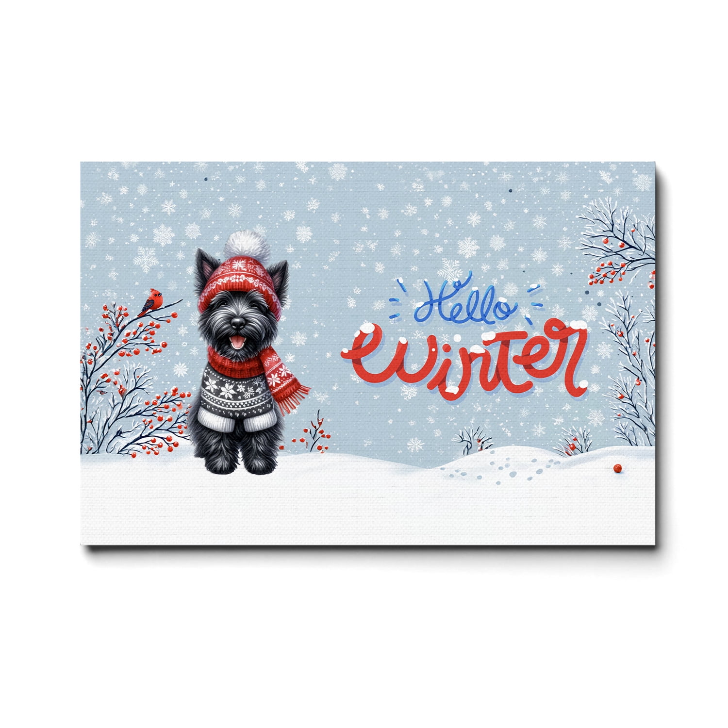 Hello Winter Scottish Terrier Smiling in Red Scarf Hat Welcome ...