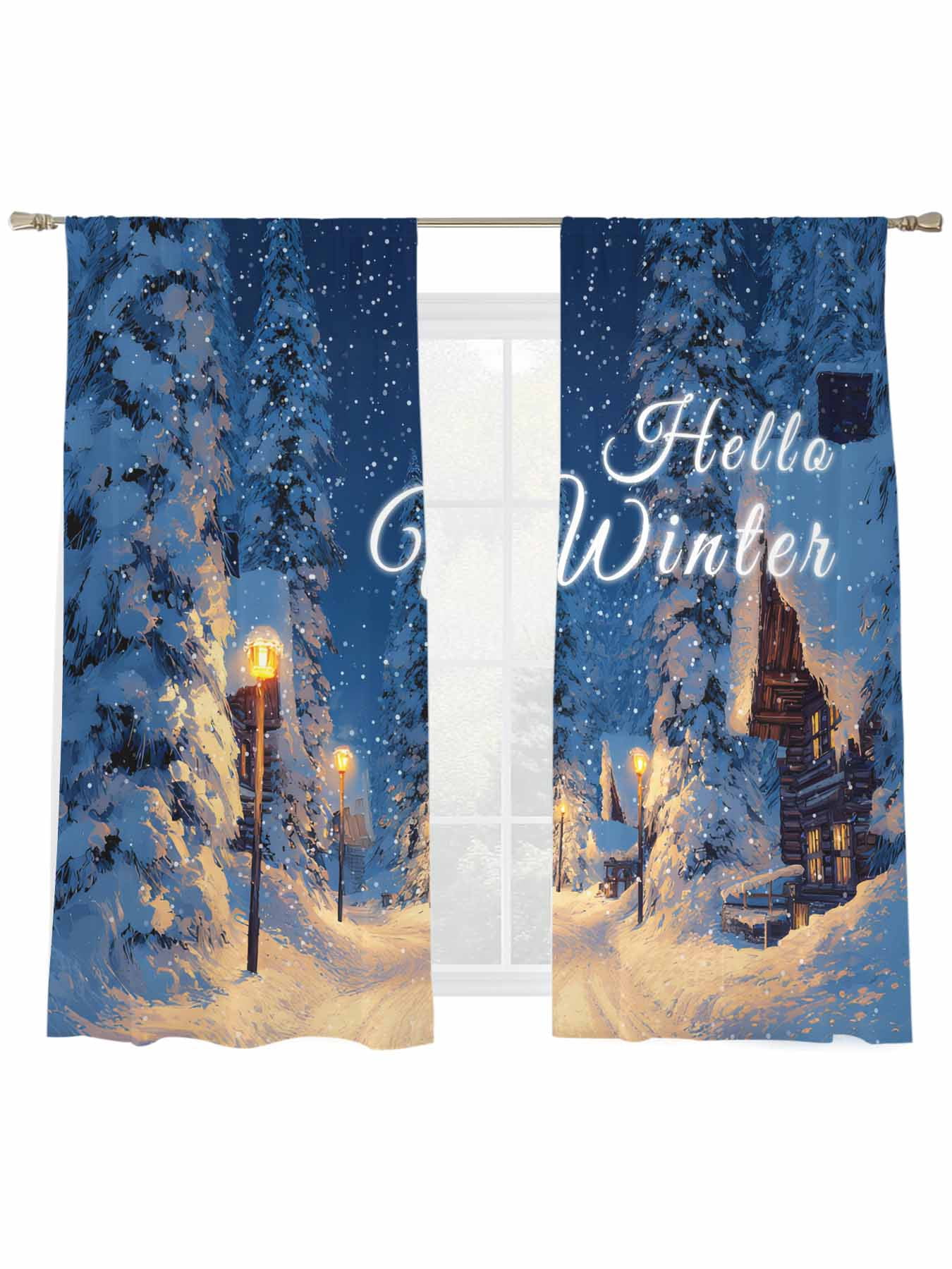 Hello Winter Sheer Curtains 2 Panels Set Dreamy Snowy Forests House ...