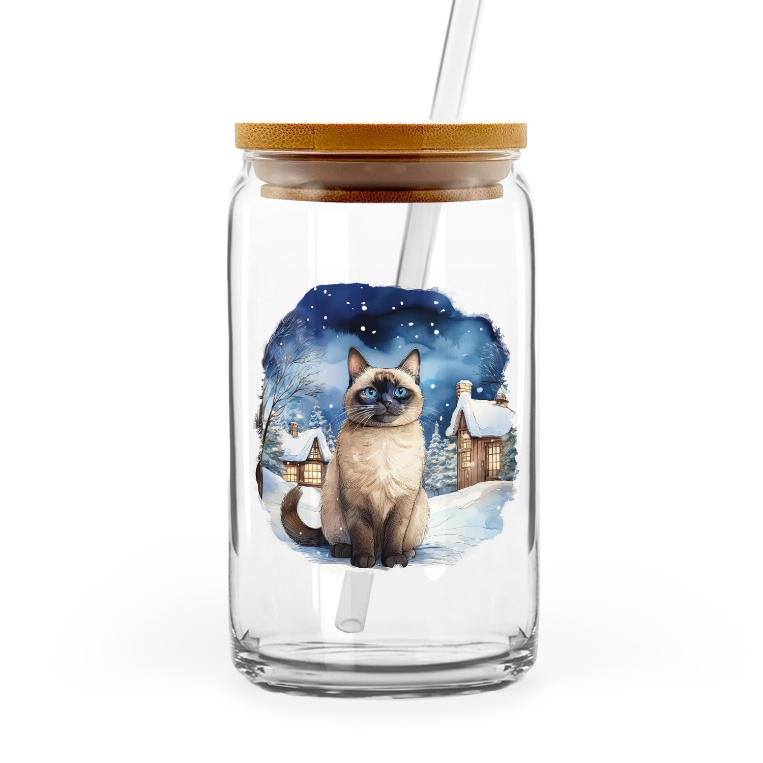 Hello Winter Siamese Welcome Snowy Night Watercolor Vintage 16oz Glass ...