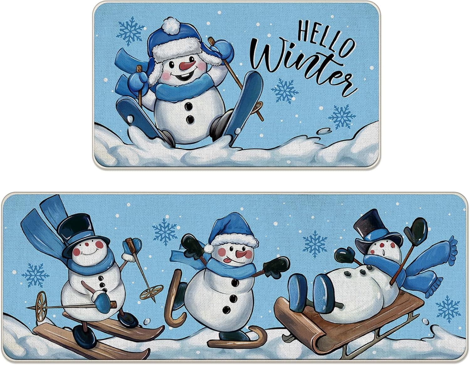 Hello Winter Skiing Snowman Kitchen Rugs Set of 2, Blue Snowflake ...