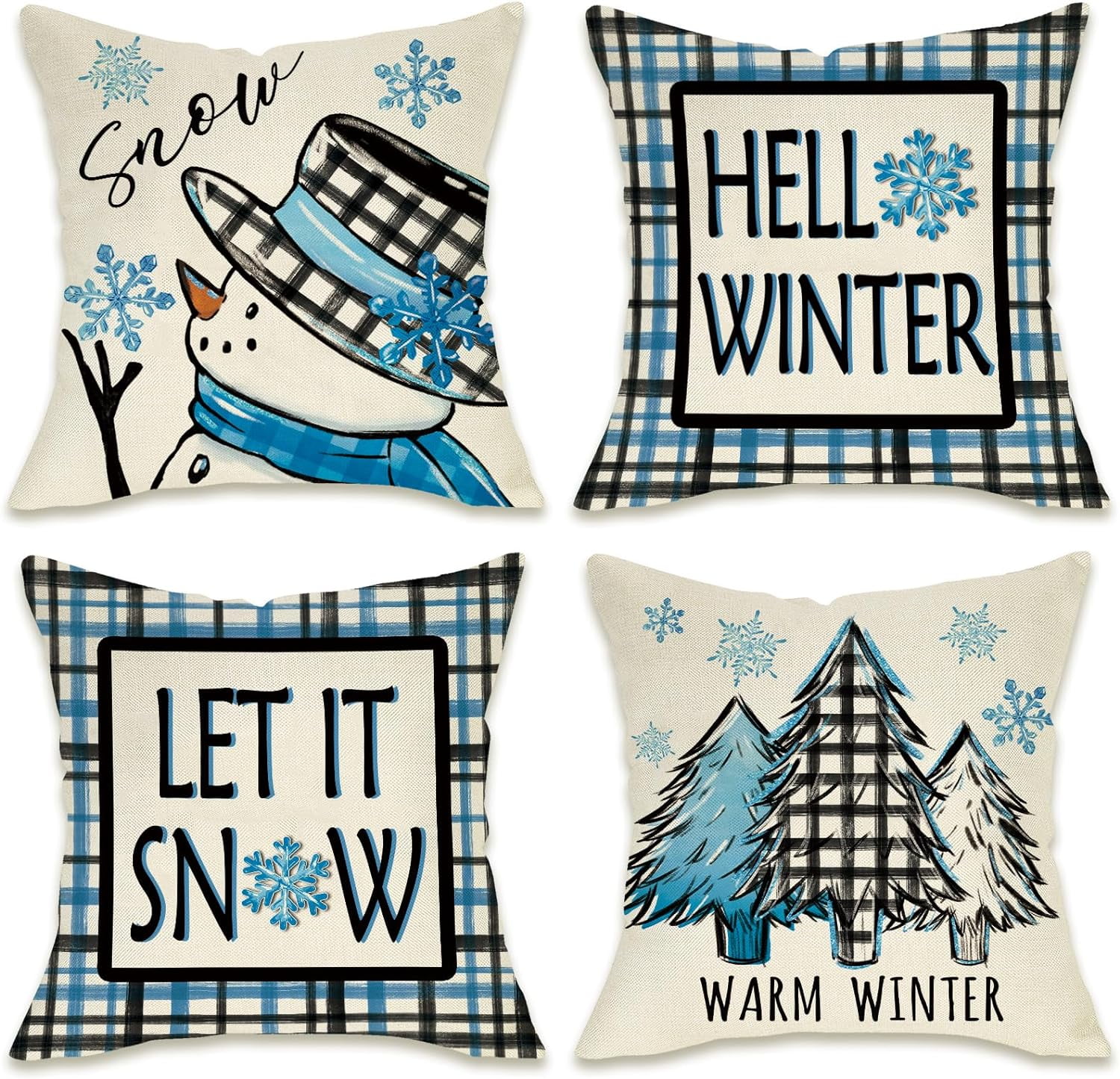 Hello Winter Snowman Decorative Throw Pillow Covers 16 x 16 Set of 4 ...