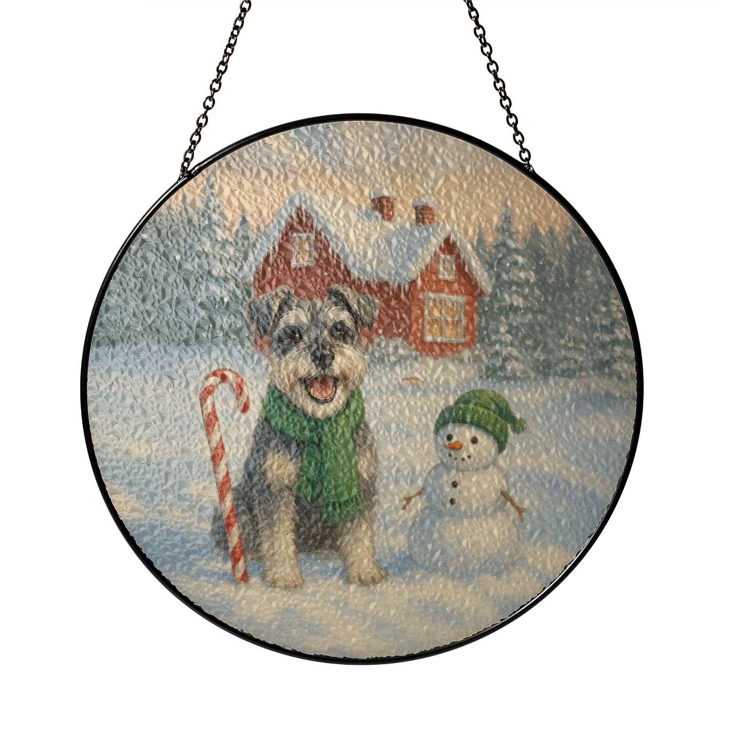 Hello Winter Vintage Schnauzer Enjoys Snowy Day with Snowman Stained ...