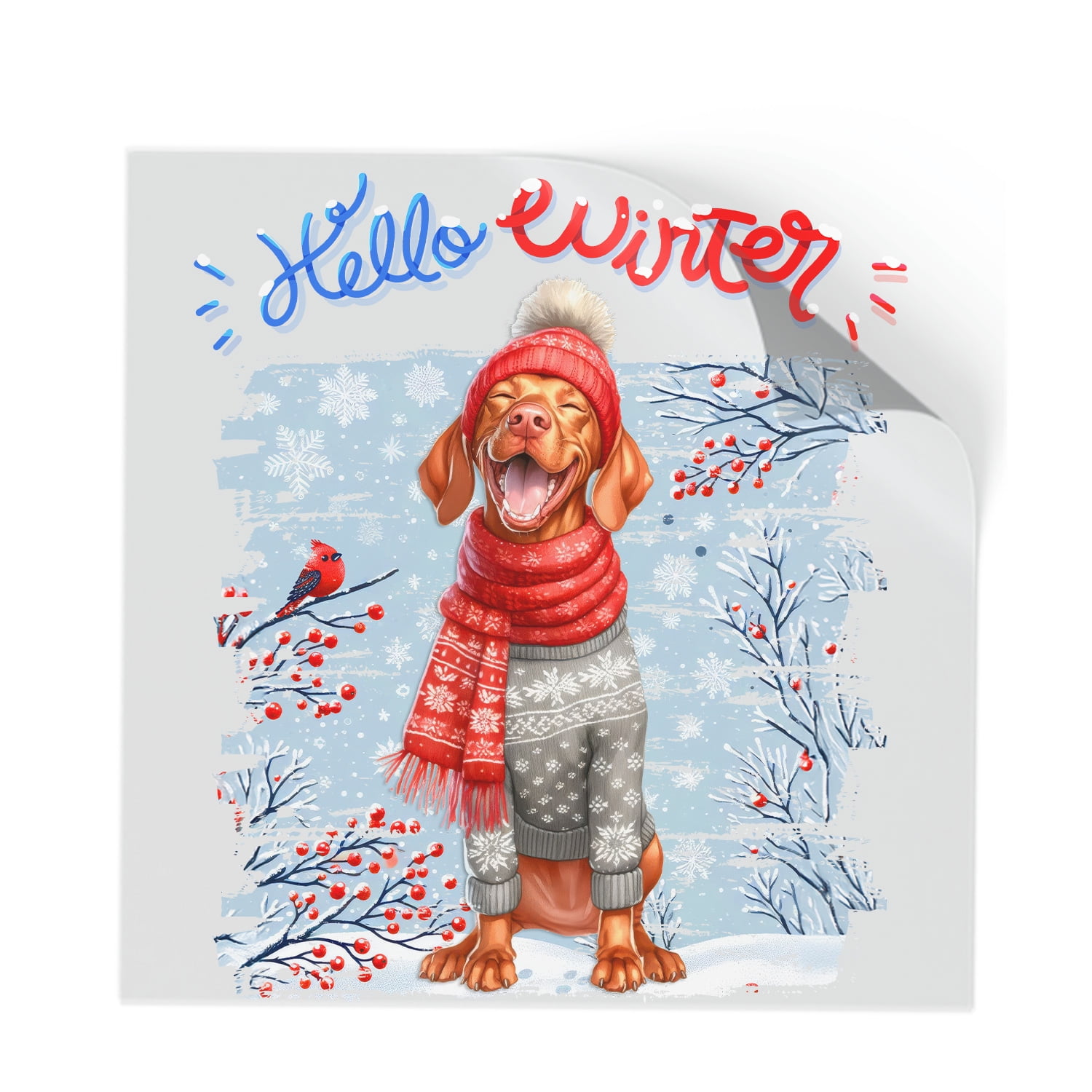 Hello Winter Vizsla Smiling in Red Scarf Hat Welcome Christmas Cutout ...