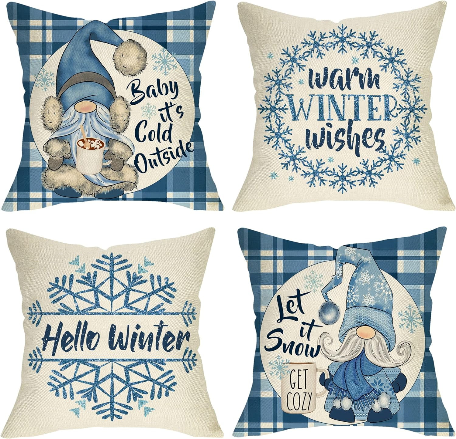 Hello Winter Warm Wishes Gnome Decorative Throw Pillow Cover Set of 4 ...