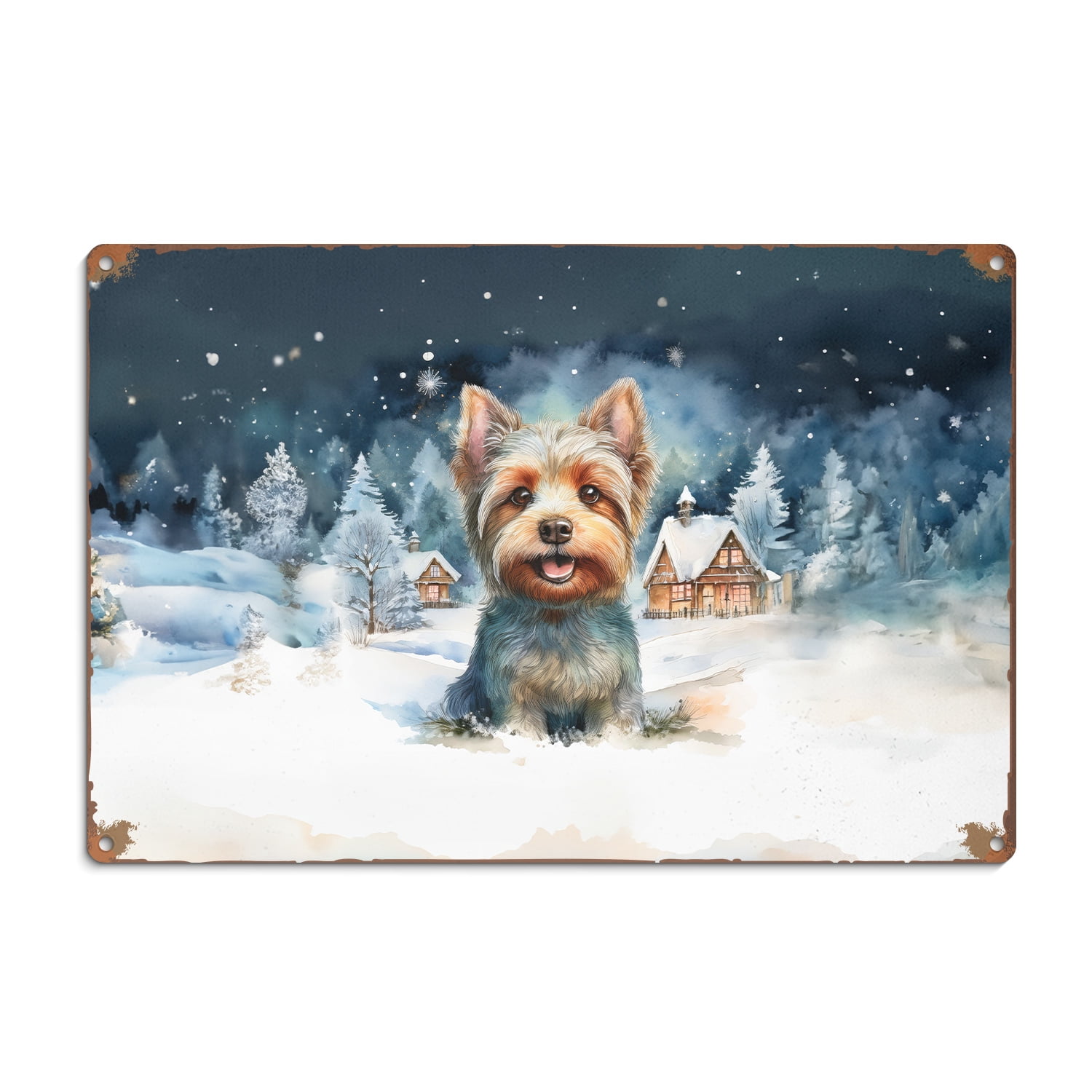 Hello Winter Yorkshire Terrier Welcome Snowy Night Watercolor Vintage ...