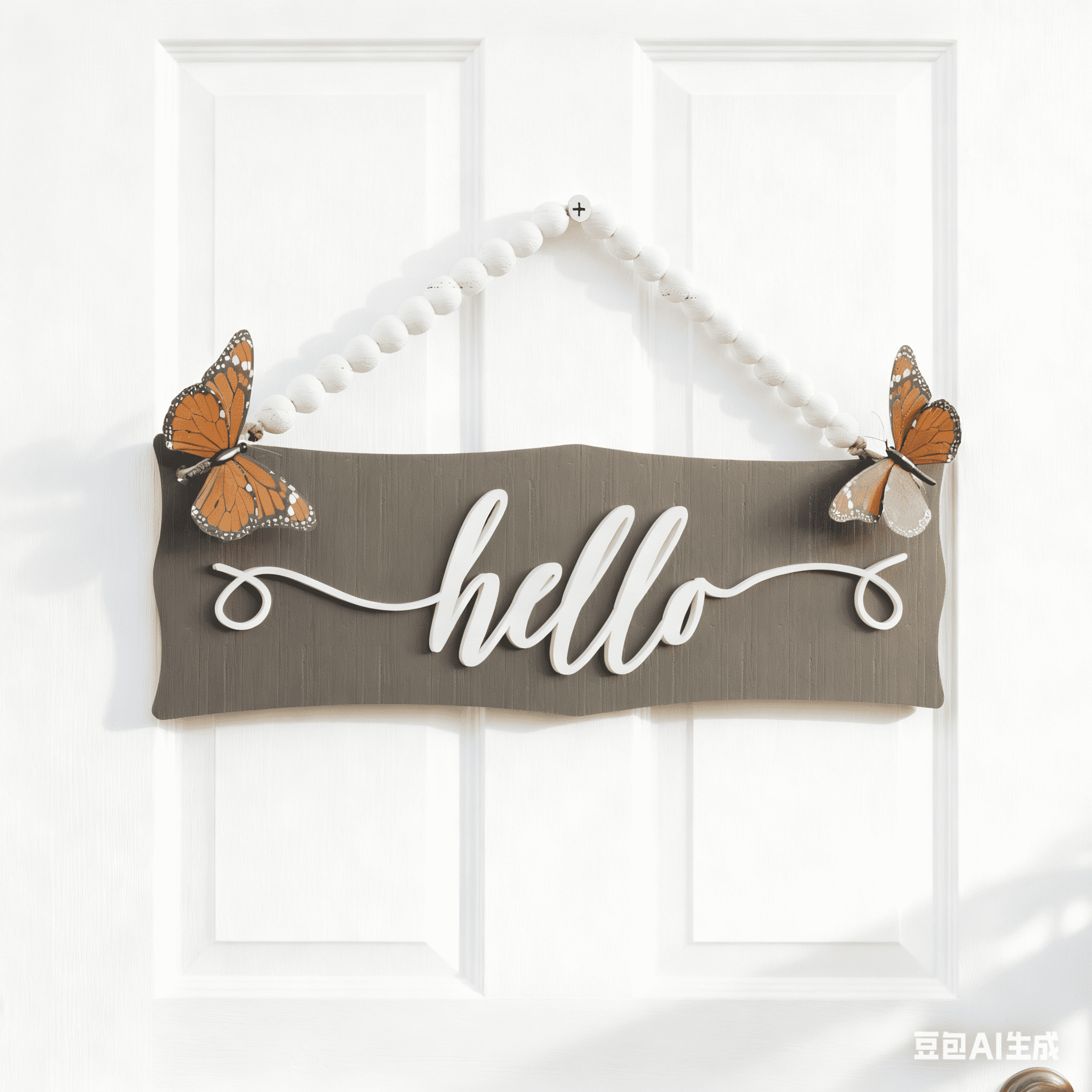 Hello Wooden Welcome Sign with Vivid Butterflies and Wood Beads String ...