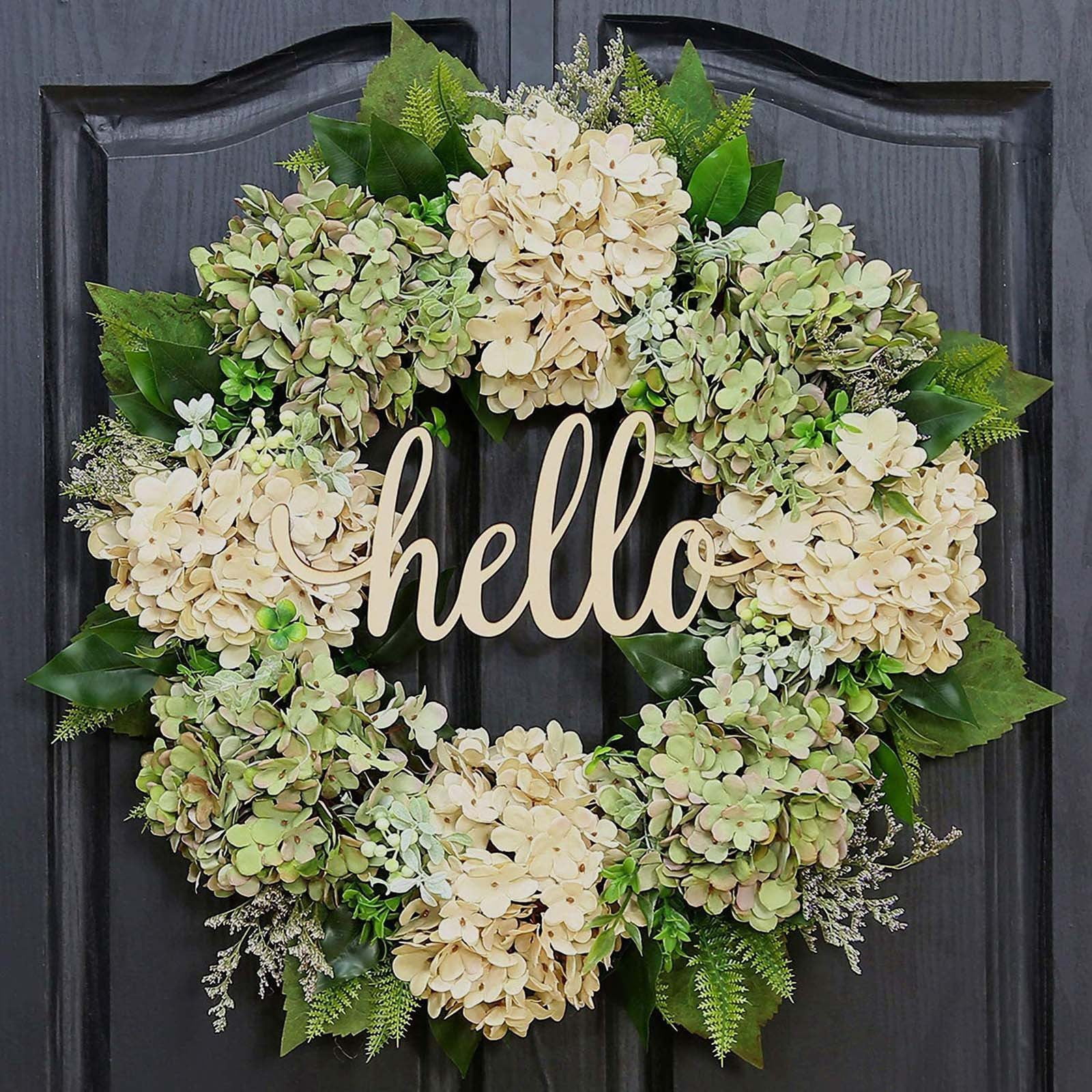 Hello Wreath for Front Door,16in Artificial Summer Wreath with Welcome ...