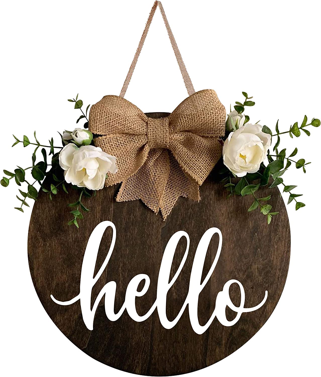 Hello Wreaths Decor Sign Front Door, Round Wood Hanging Sign with ...