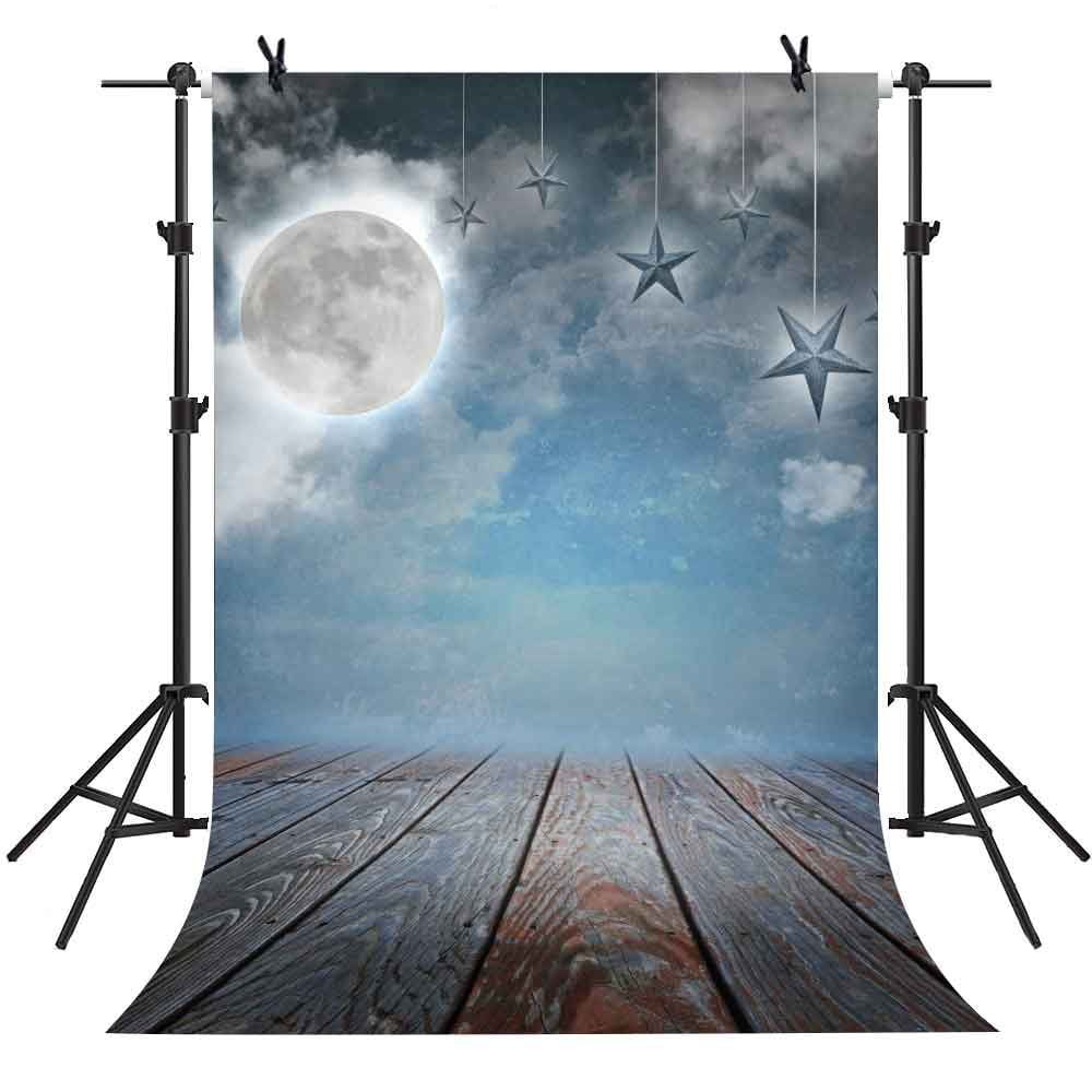 HelloDecor 5x7Ft Moon Stars Backdrop Wood Floor Blue Theme Background ...