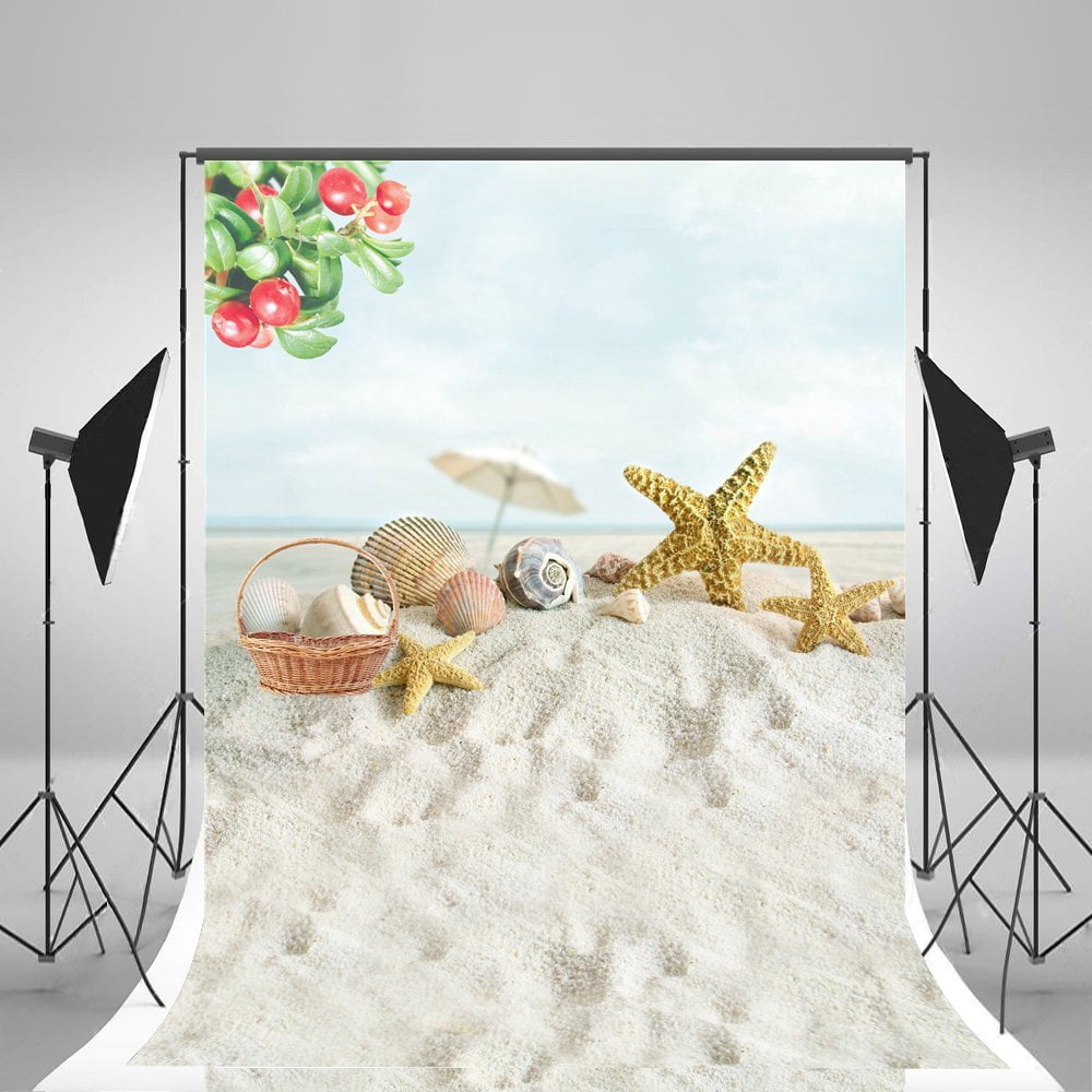 HelloDecor 5x7ft Beach Photography Backdrops White Fine Sand Basket Shell Background Summer ...