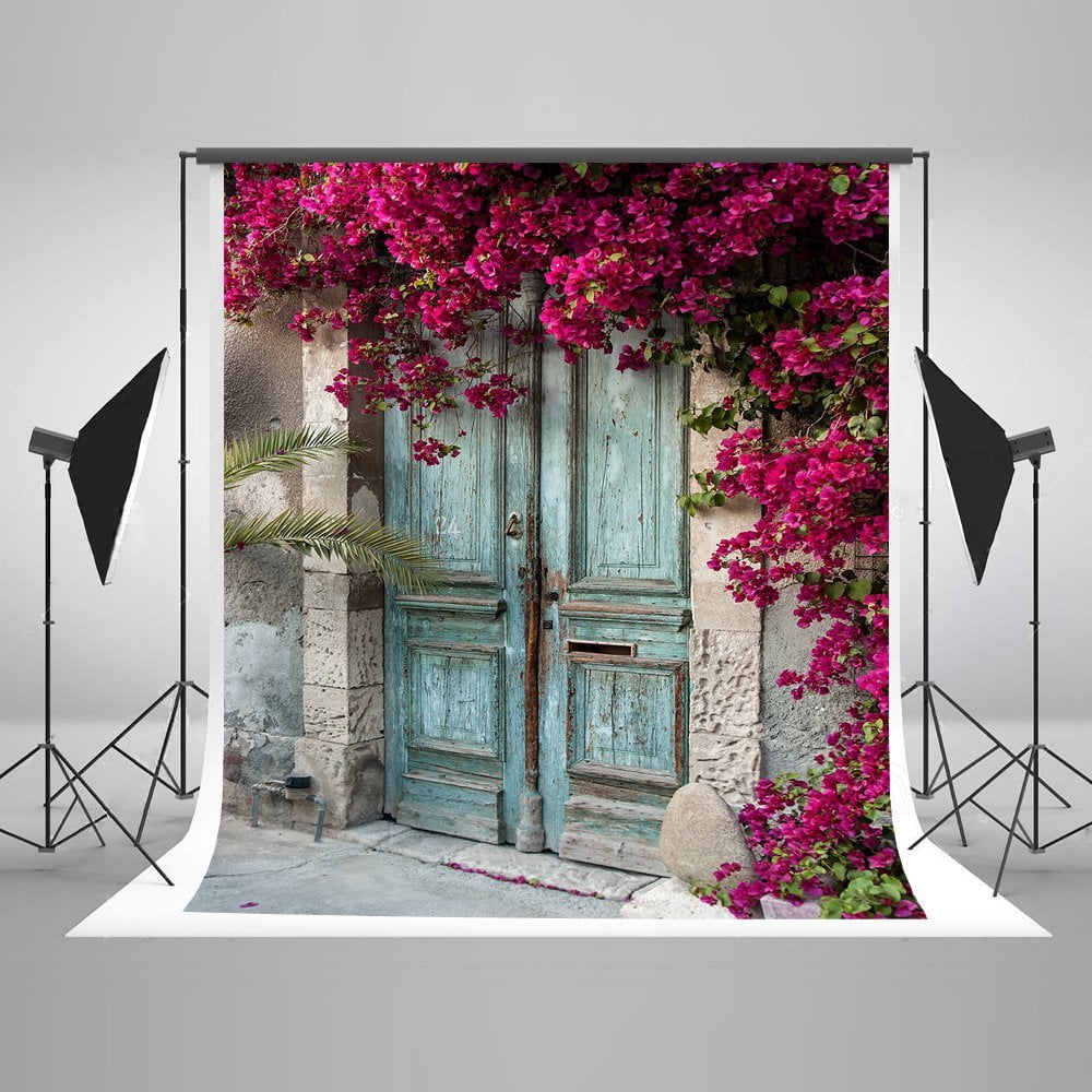 HelloDecor 5x7ft Blue Wood Door Stone Wall Photography Backdrops Red ...