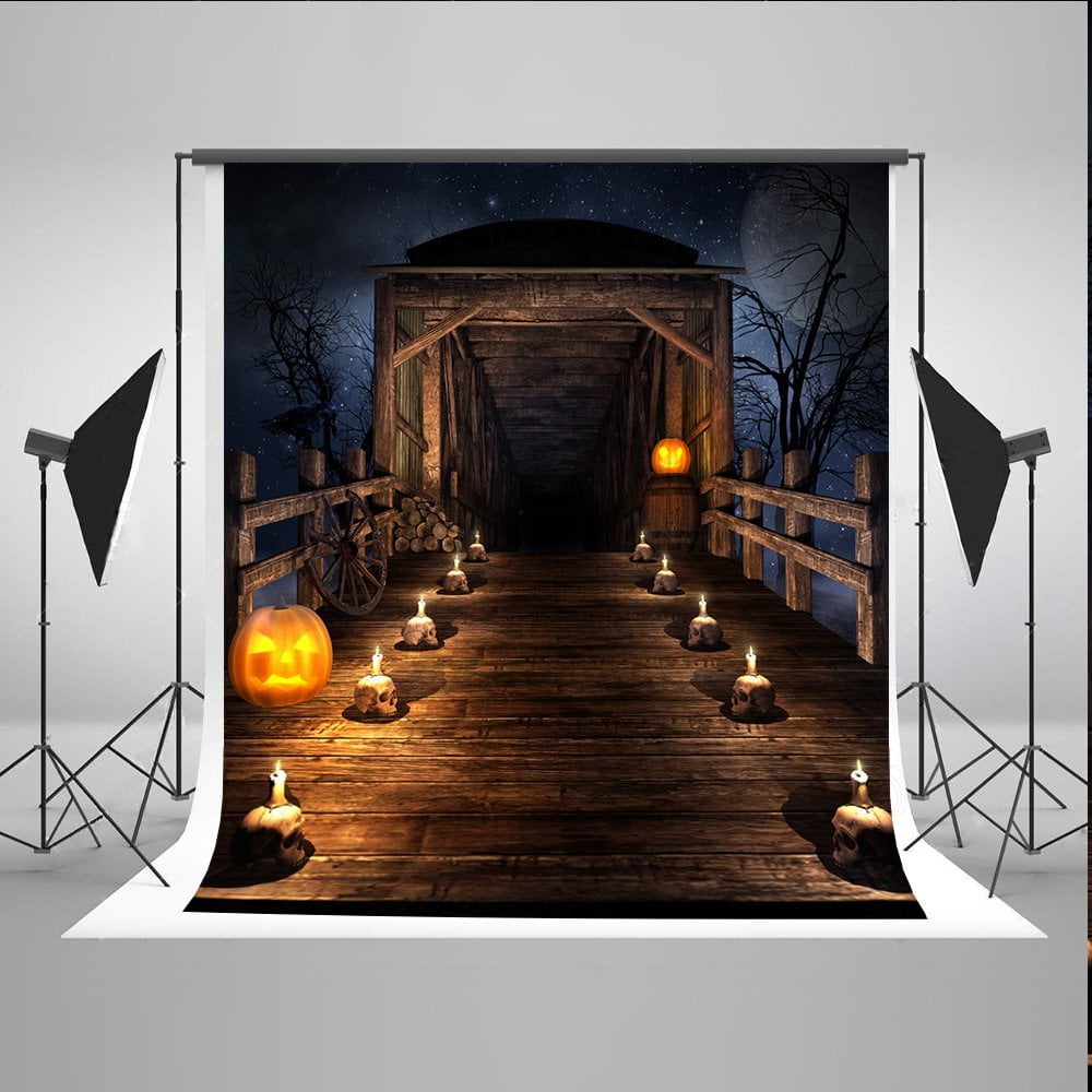 HelloDecor 5x7ft Skull Wooden Bridge Photo Background Halloween Pumpkin ...