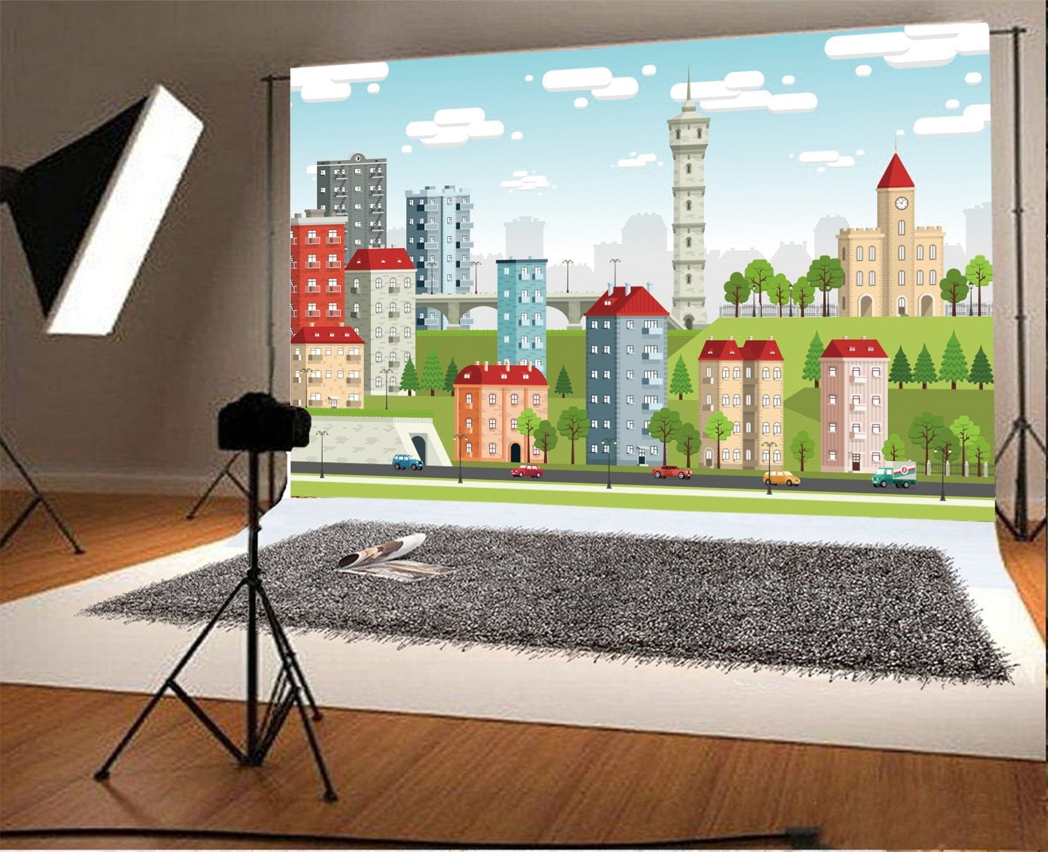 HelloDecor 7x5ft Cartoon Backdrop City Landscape High Building Road Car ...
