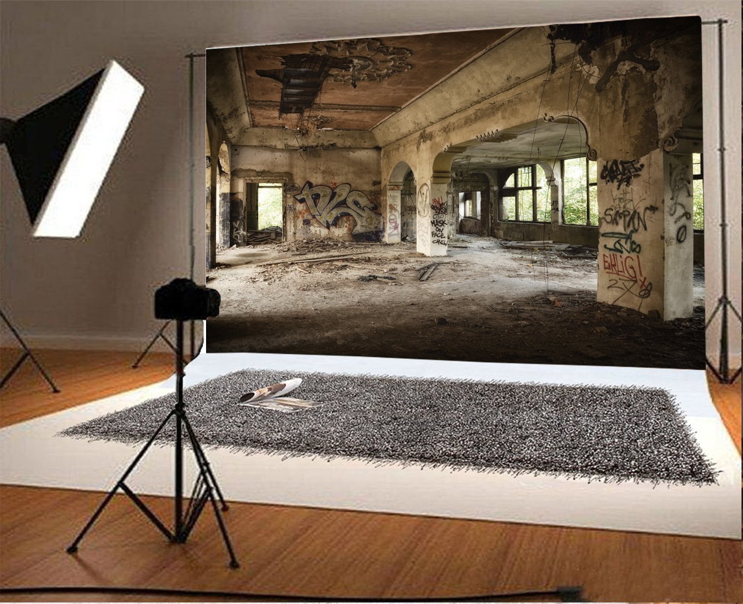 HelloDecor 7x5ft Ruined Old Factory Backdrop Graffiti Hand Paint on ...