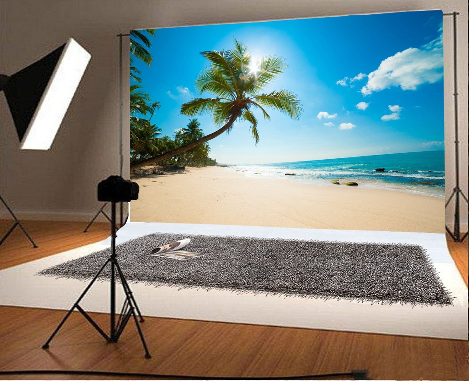HelloDecor 7x5ft Sand Beach Backdrop Seaside Coconut Trees Rock Stones ...