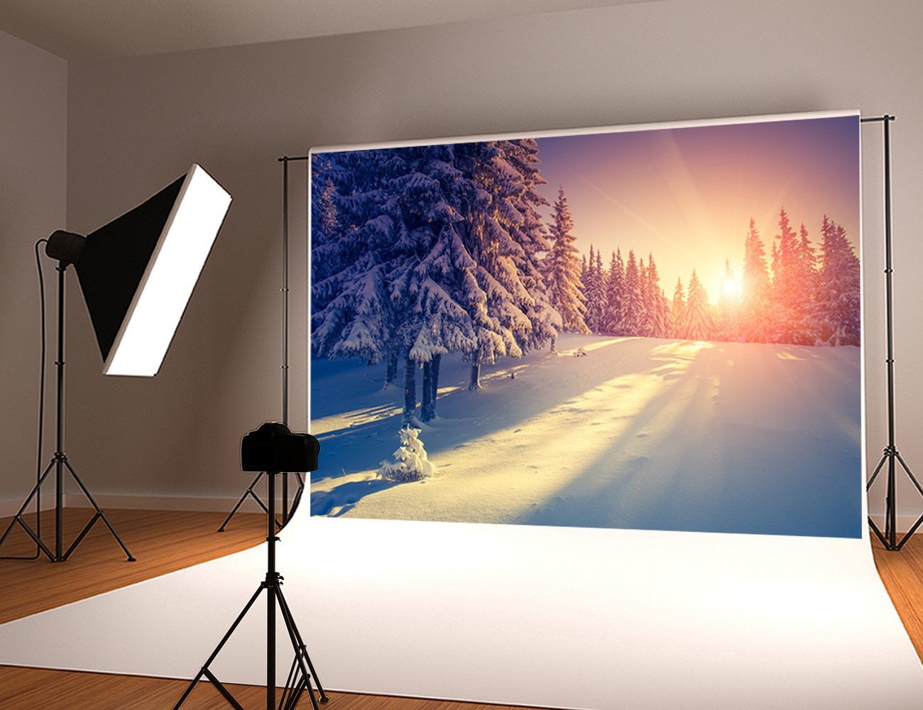 HelloDecor 7x5ft Snow Scenery Photography Backdrop Fantasy Cedar Sun Background for Winter Photo ...