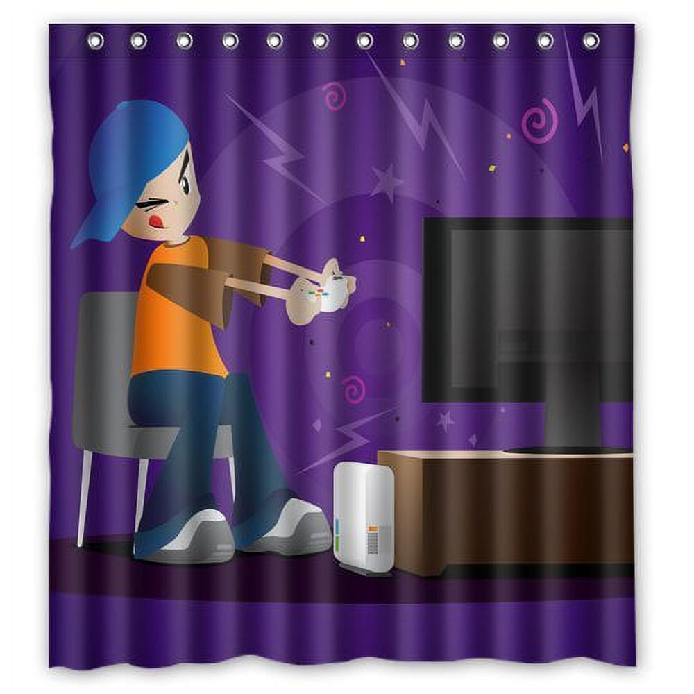 HelloDecor Cartoon Boy Playing Video Game Shower Curtain Polyester ...