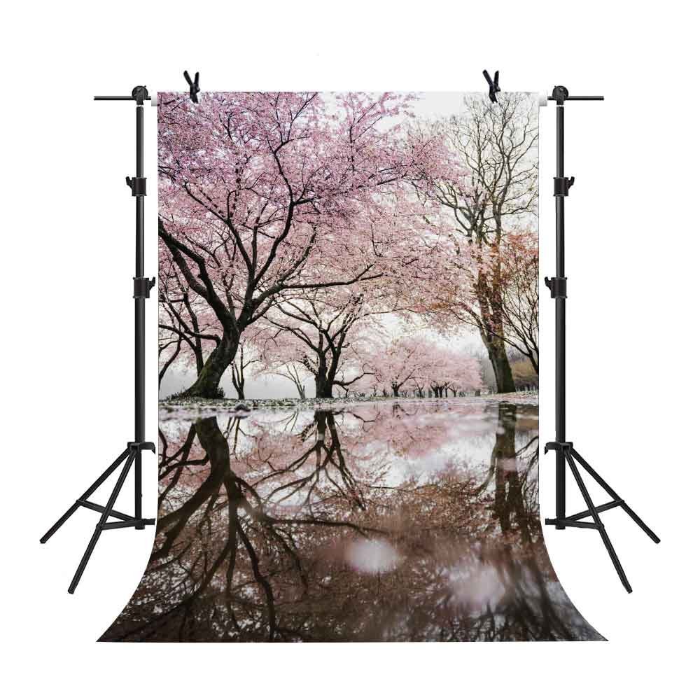 HelloDecor 5x7Ft Sakura Backdrop Blossom Trees Natural View Lake River ...