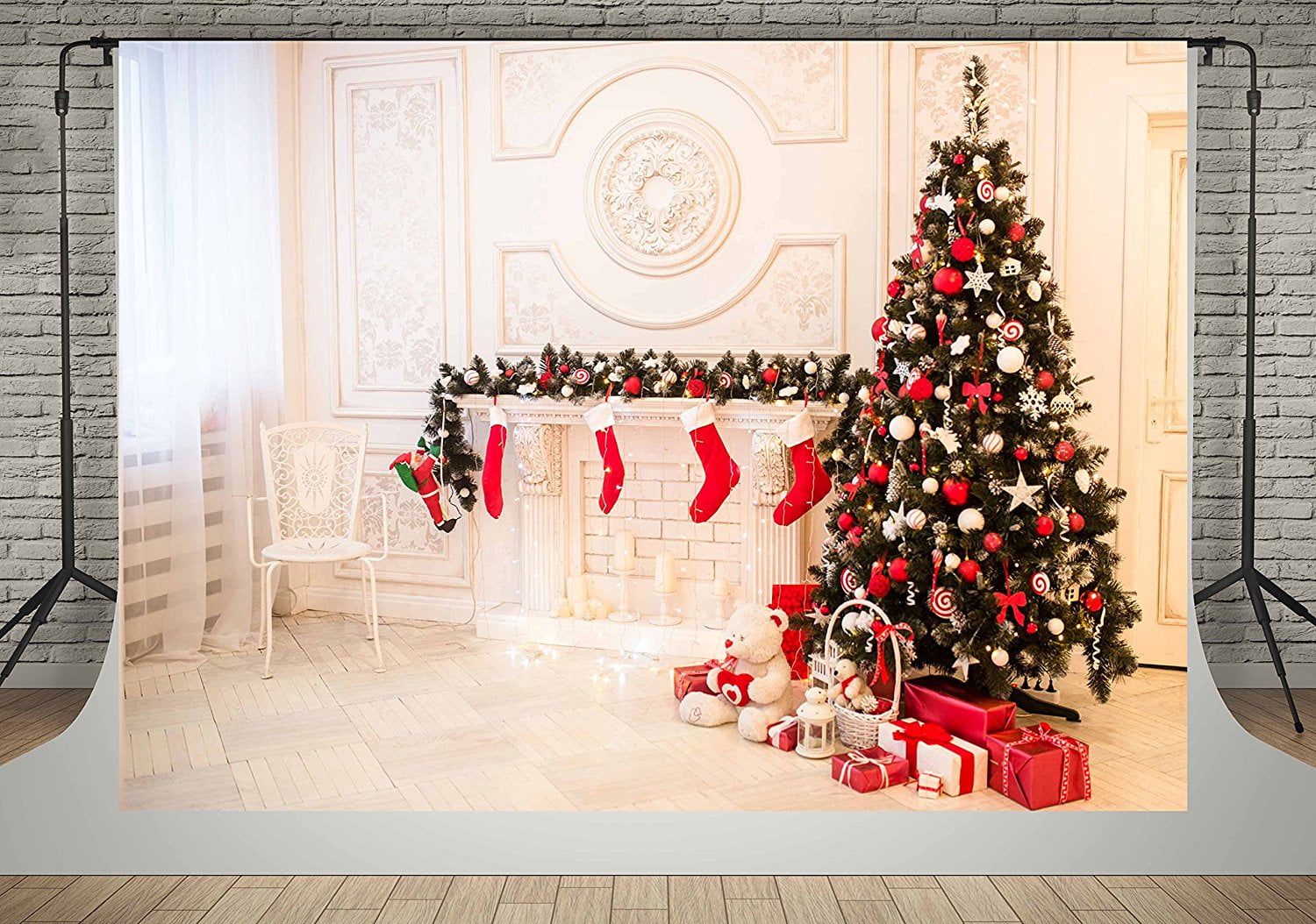 HelloDecor 5x7ft Christmas Tree Photo Backdrops Interior White Brick ...