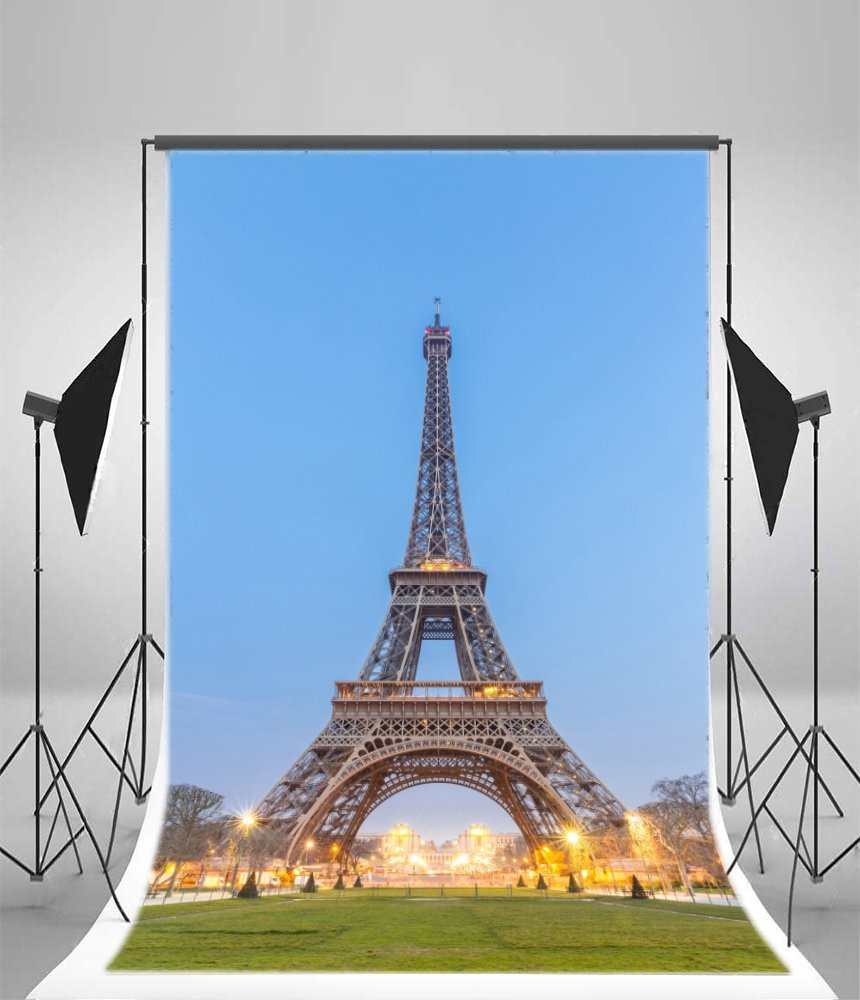 HelloDecor 5x7ft Eiffel Tower Backdrop Shining Lights Green Grass Lawn ...