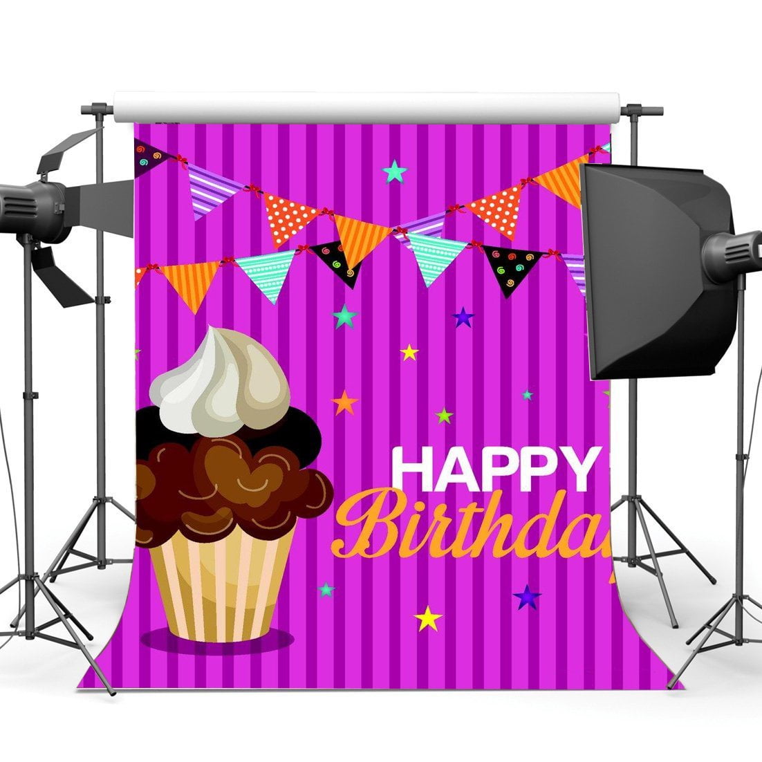 HelloDecor 5x7ft Happy Birthday Backdrop Cupcakes Shining Star Flags ...