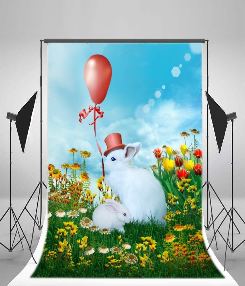 HelloDecor 5x7ft Happy Easter Bunny Backdrop White Rabbits Red Balloon ...