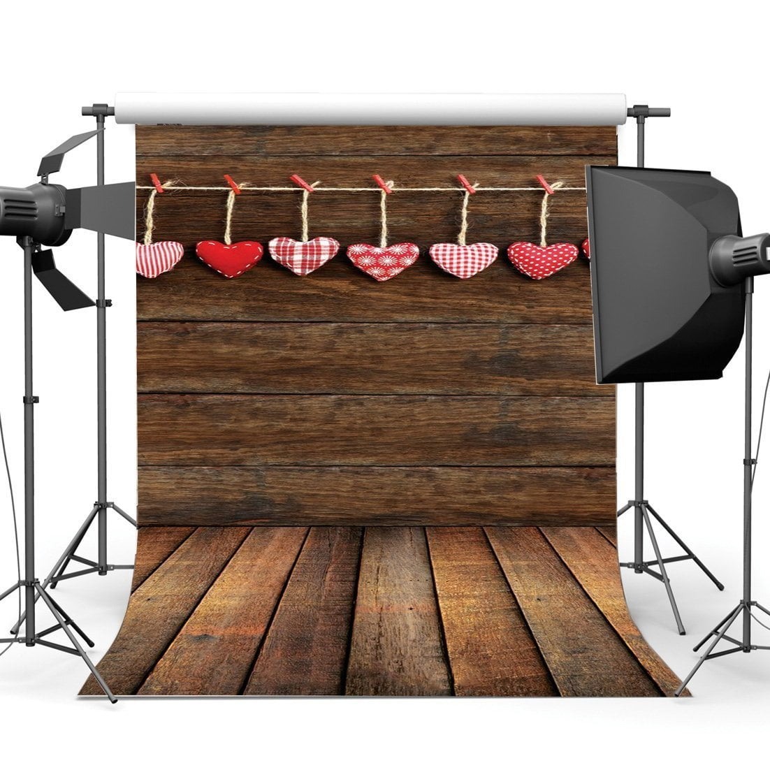 HelloDecor 5x7ft Photography Backdrop Valentine's Day String Red Hearts Vintage Rustic Stripes ...