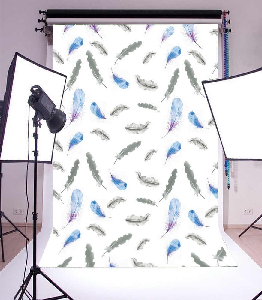 HelloDecor 5x7ft Photography Background Abstract Blue Gray Feathers Baby Toddles Birthday Girls ...