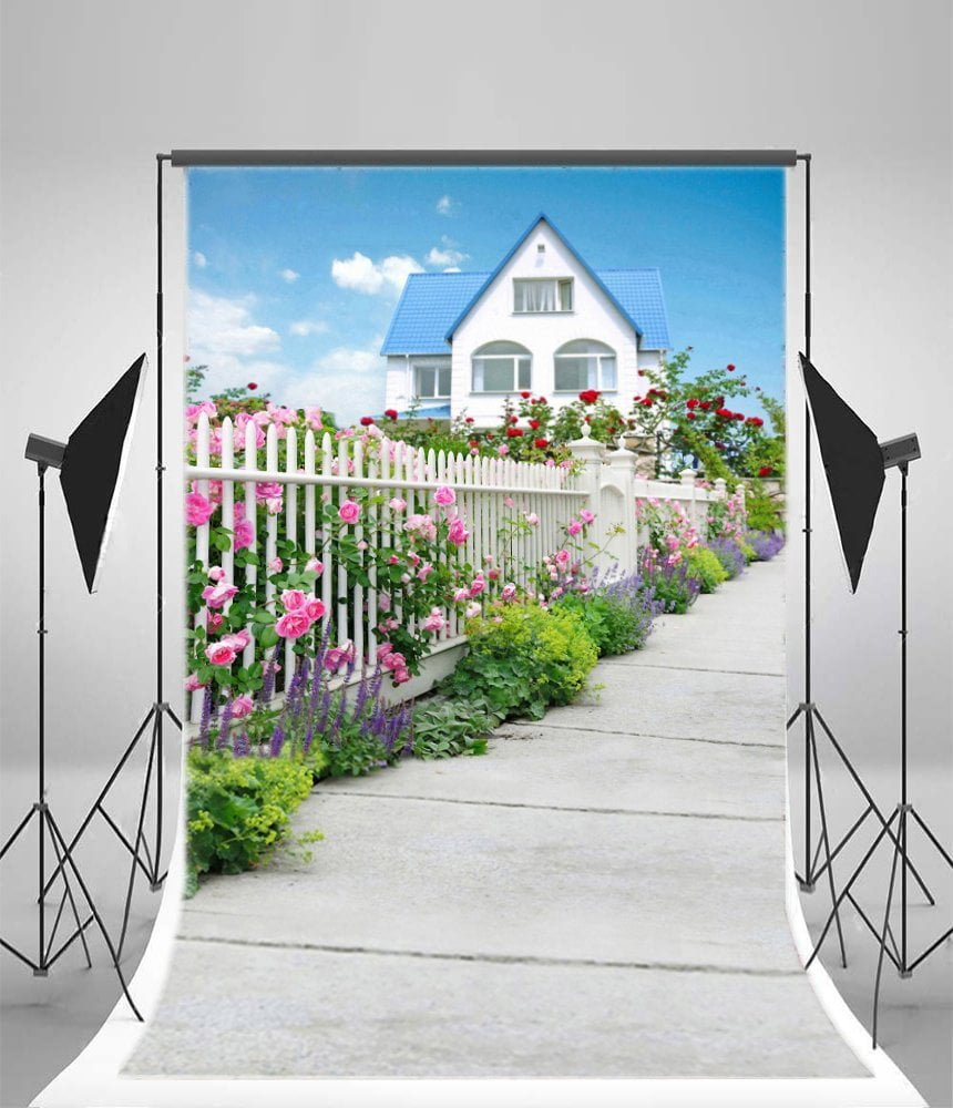 HelloDecor 5x7ft Photography European Garden Backdrop House Fence Blue ...