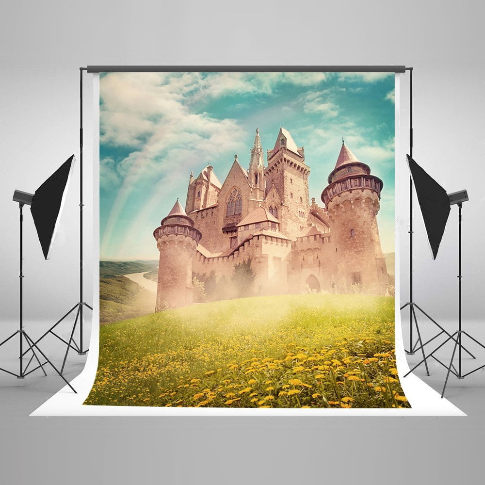 HelloDecor 5x7ft Pink Castle Sky Cloud Gold Flower Rainbow Backdrop ...