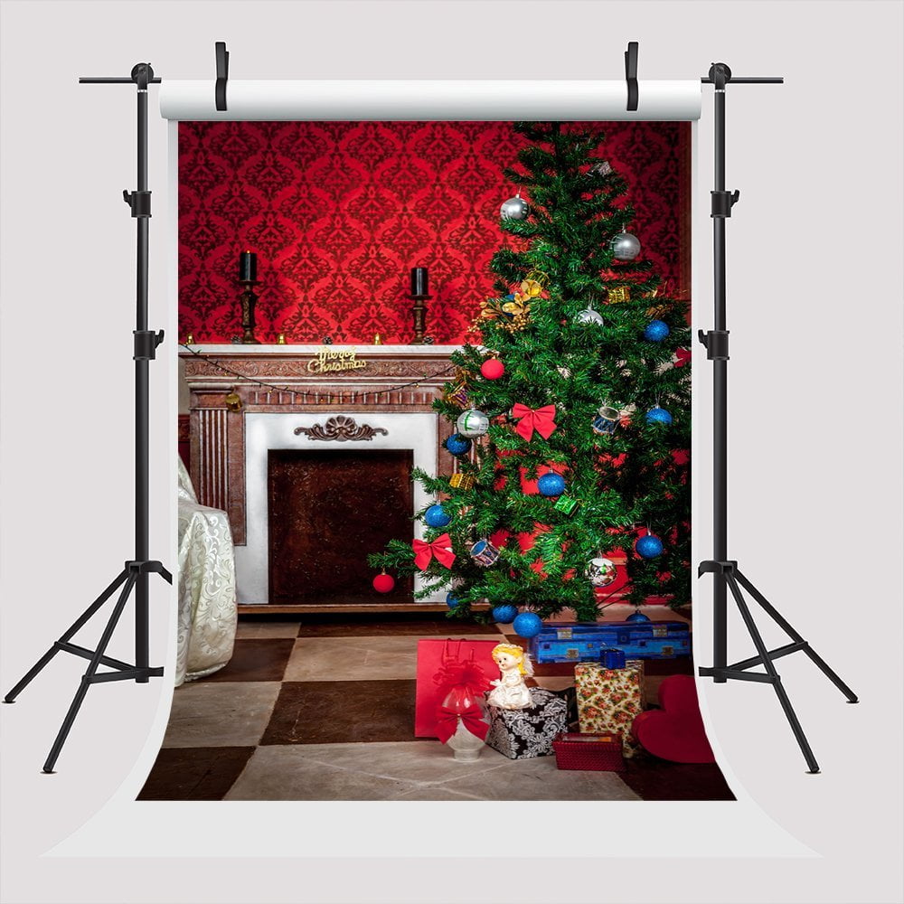 HelloDecor 5x7ft Red Christmas Photography Backgrounds Brown Fireplace ...