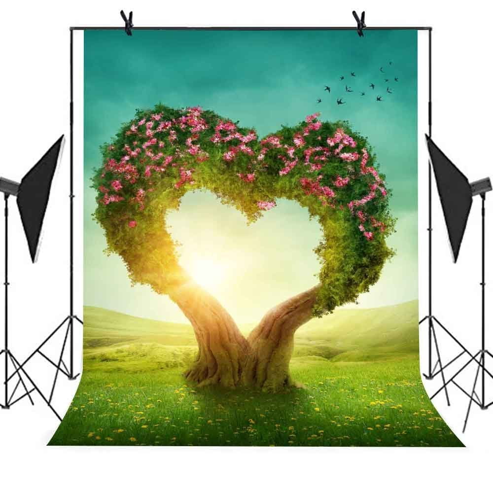 HelloDecor 5x7ft Romantic Landscape Backdrop Heart Shaped Green Leaves ...
