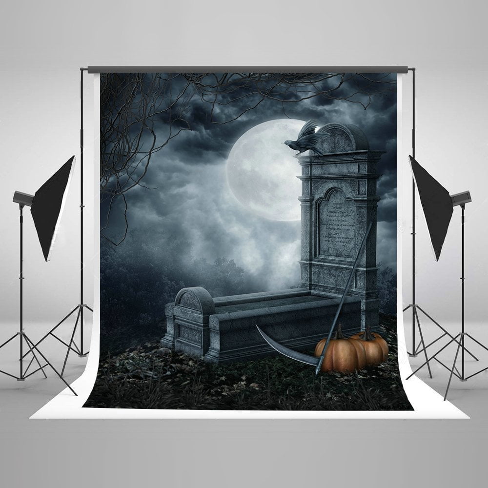HelloDecor 5x7ft Scared Halloween Photo Backdrops Dark Night Boneyard ...