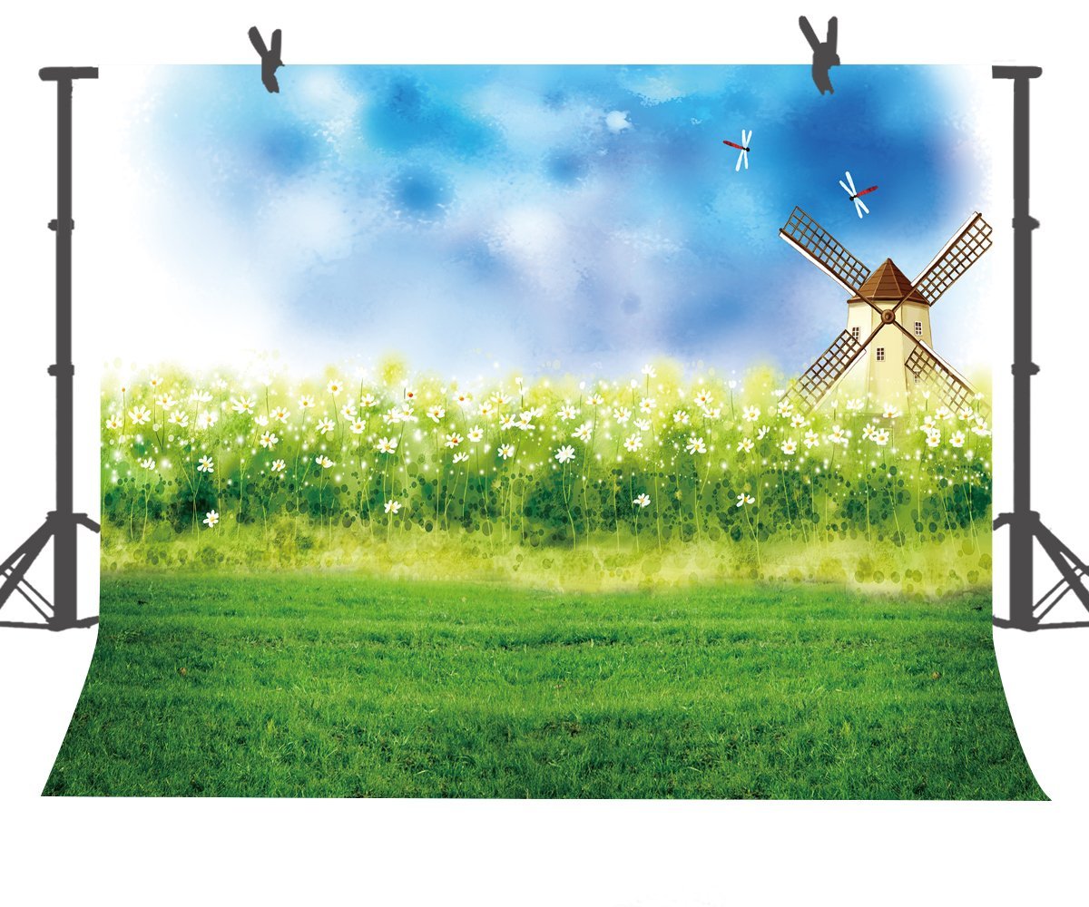 HelloDecor 7x5 feet Cartoon Windmill and White Flowers Photography ...