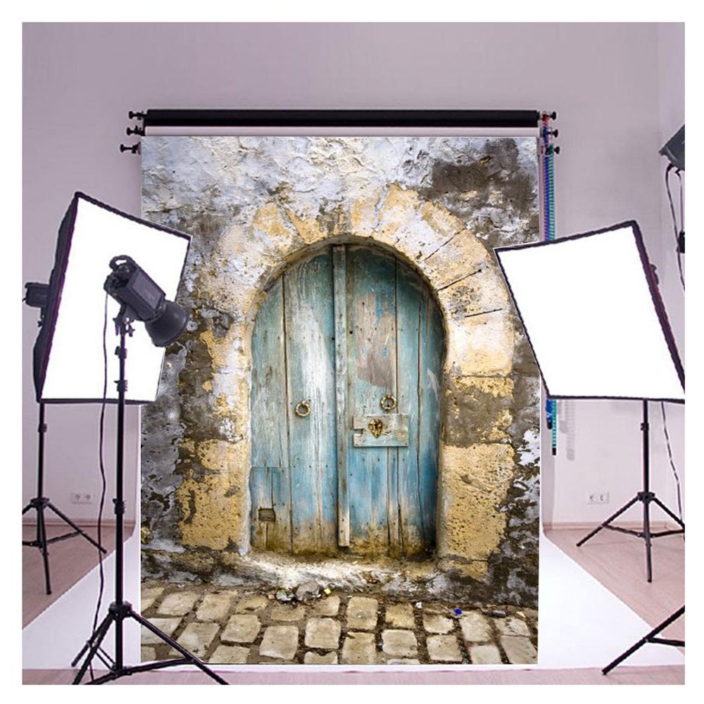 HelloDecor 7x5ft 3D Retro Cement Wall Blue Door Fan-shaped Door Brick ...
