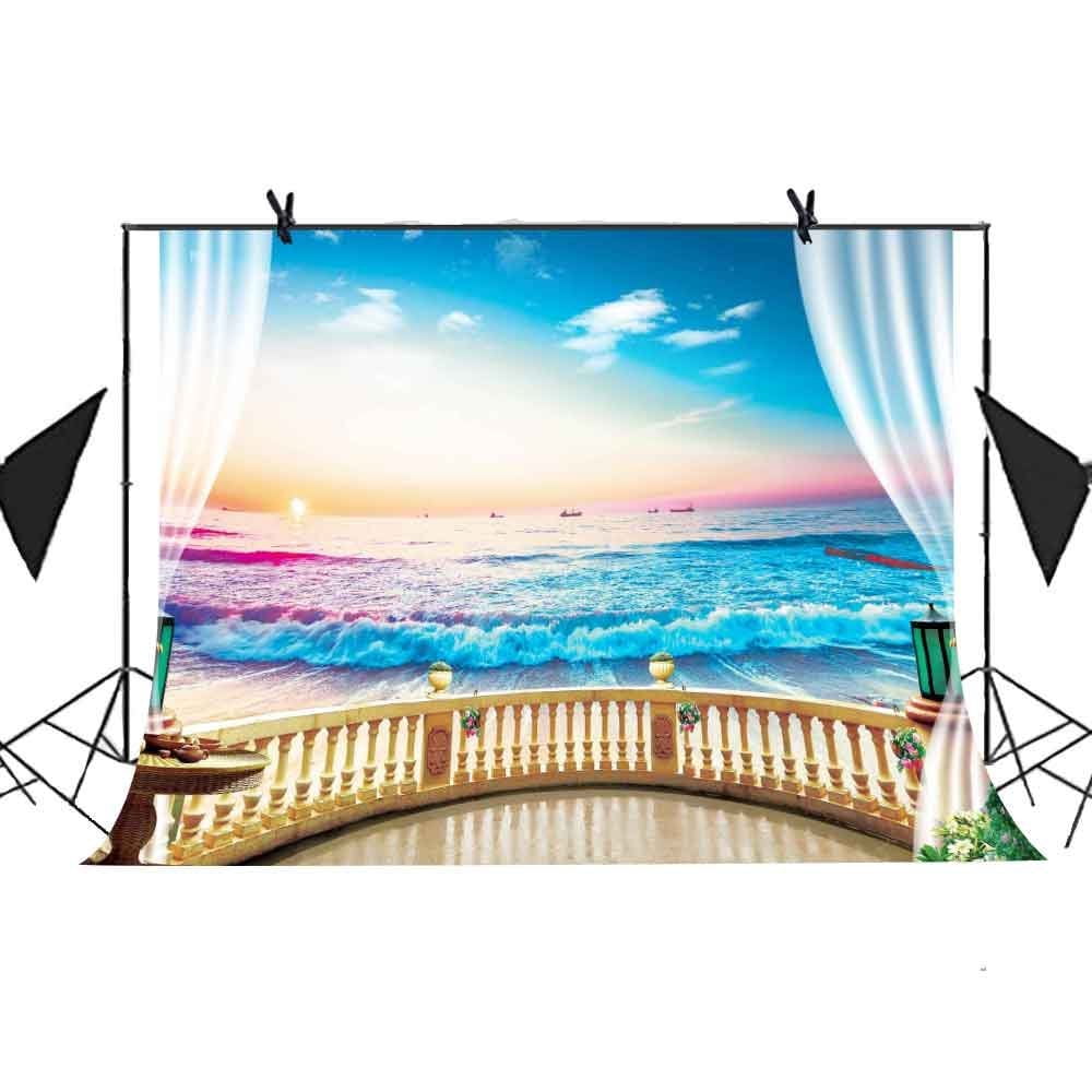 HelloDecor 7x5ft Beautiful Seaside Scenery Backdrop Balcony Wooden ...