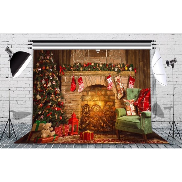 Hellodecor 7x5ft Christmas Theme Christmas Tree Fireplace Photography