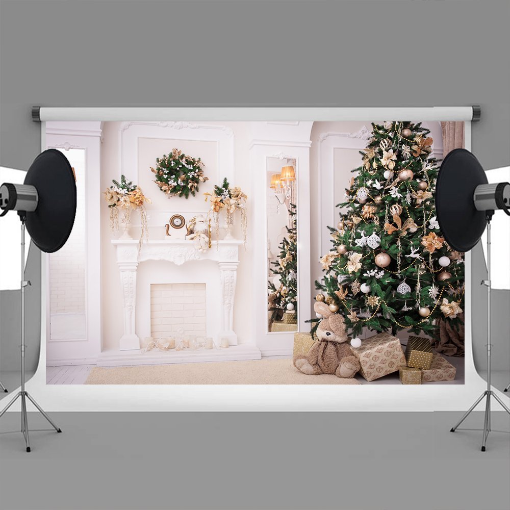 HelloDecor 7x5ft Christmas backdrops The indoor Christmas tree bear ...