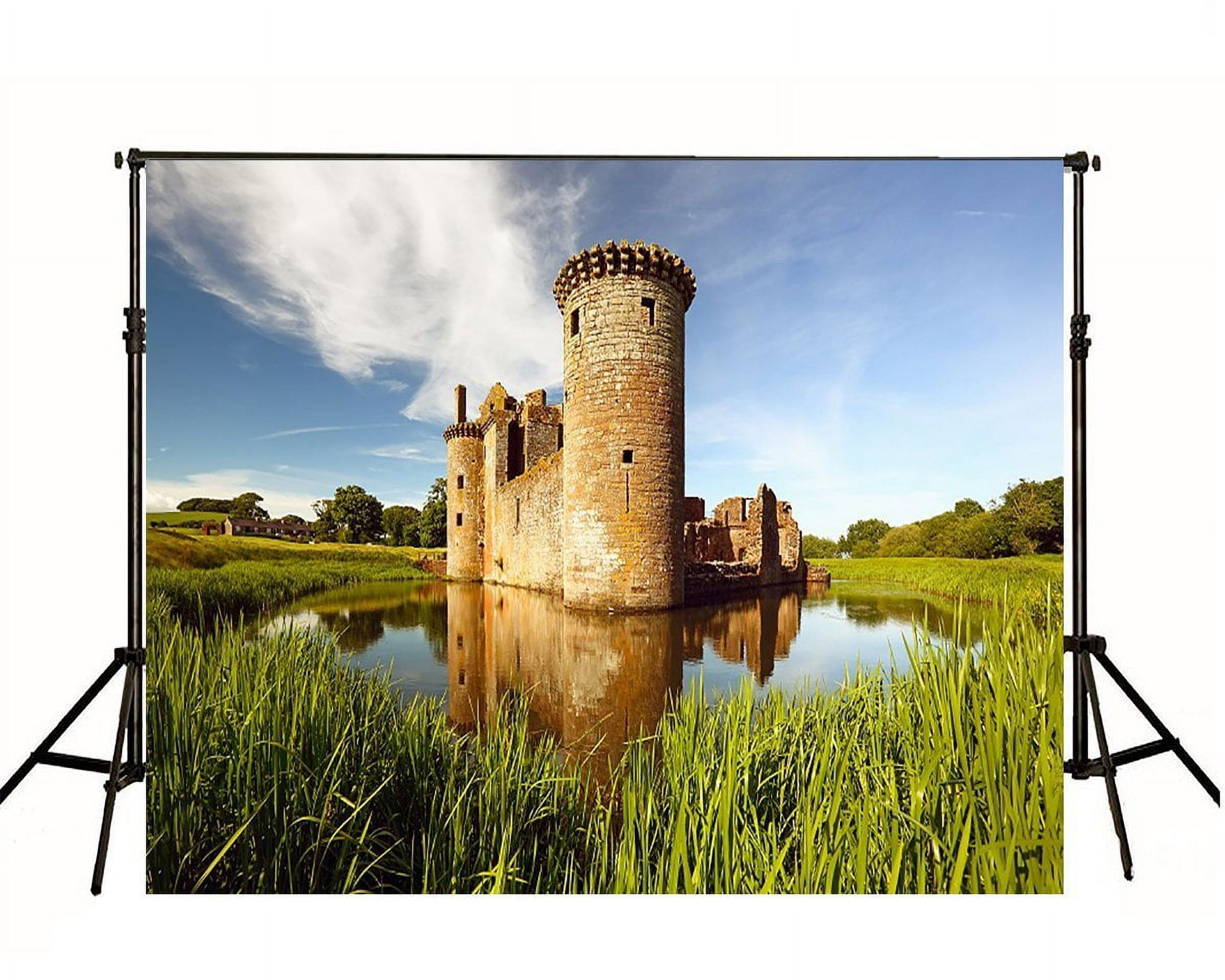 HelloDecor 7x5ft Green Meadow Pond Castle Ruins Photography Backdrop ...